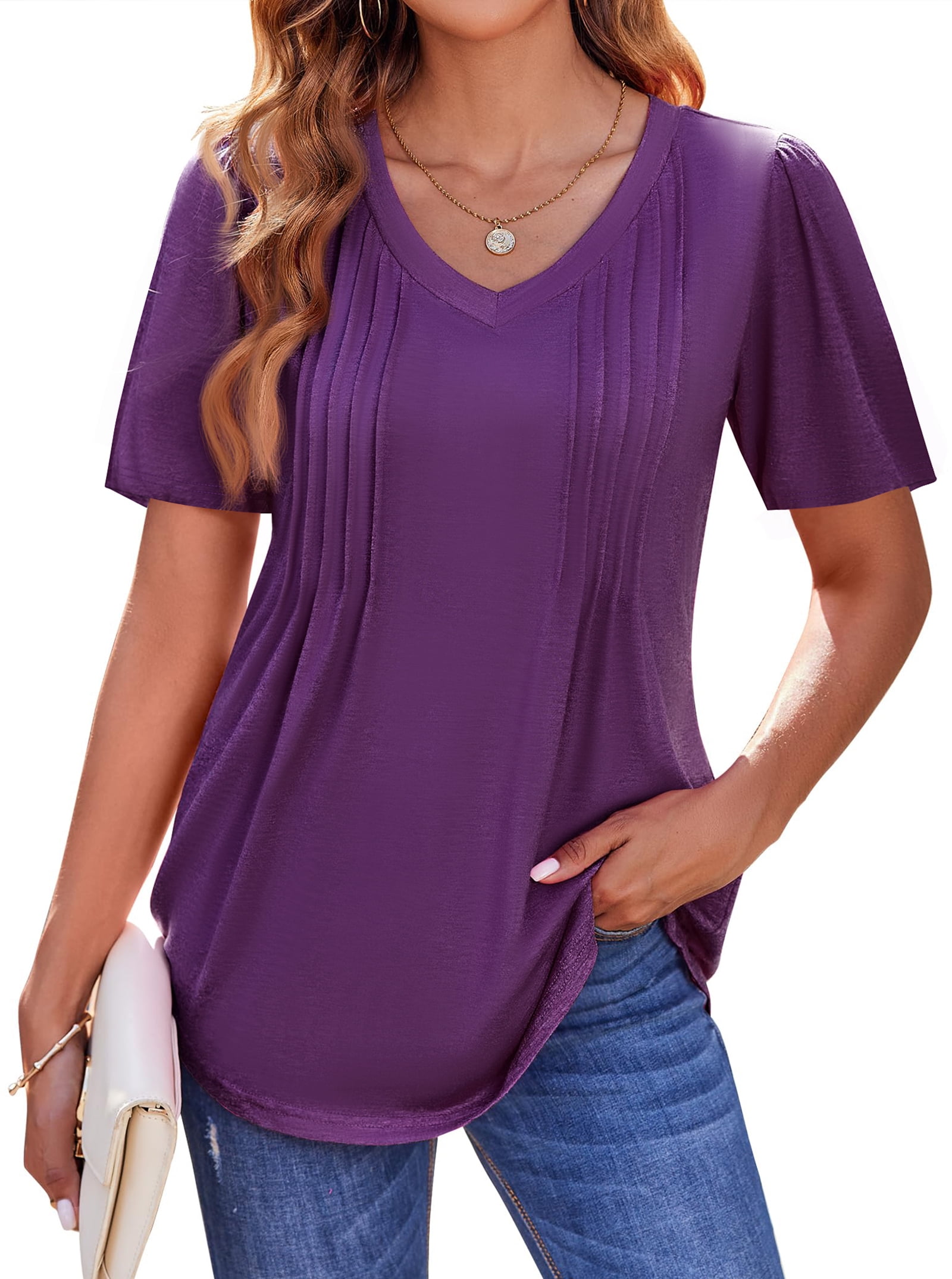 Fantaslook Floral Pleated Tunic, V Neck, Short Sleeve, Boho Women's ...