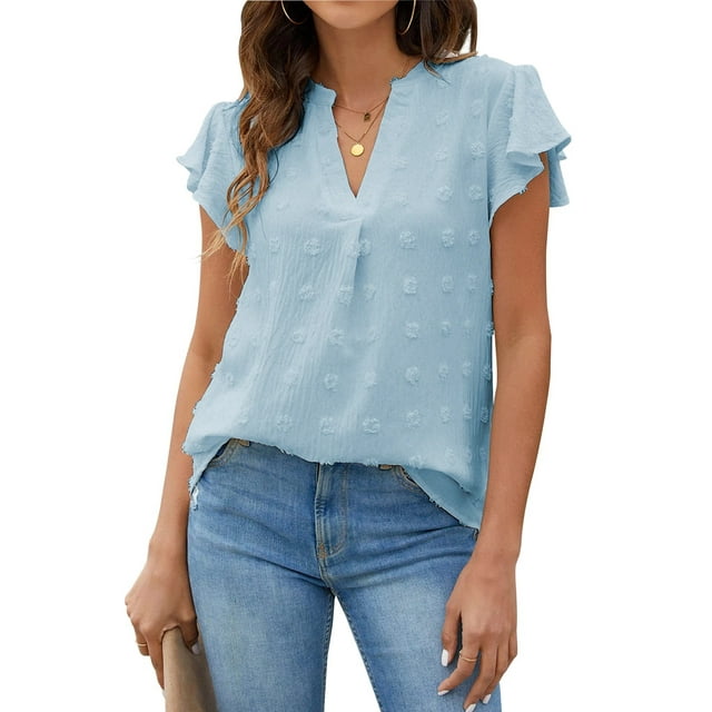 Fantaslook Women's V Neck Ruffle Sleeve Summer Blouse Casual Dressy ...