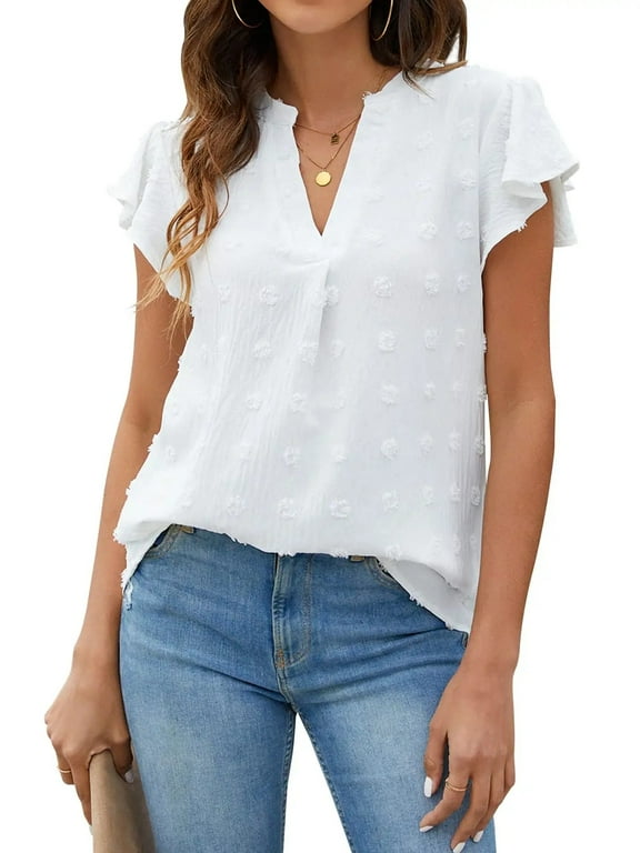 Allegra K Summer Blouse for Women Cute Polka Dots V Neck Ruffle Sleeve Dressy Casual Flowy ...