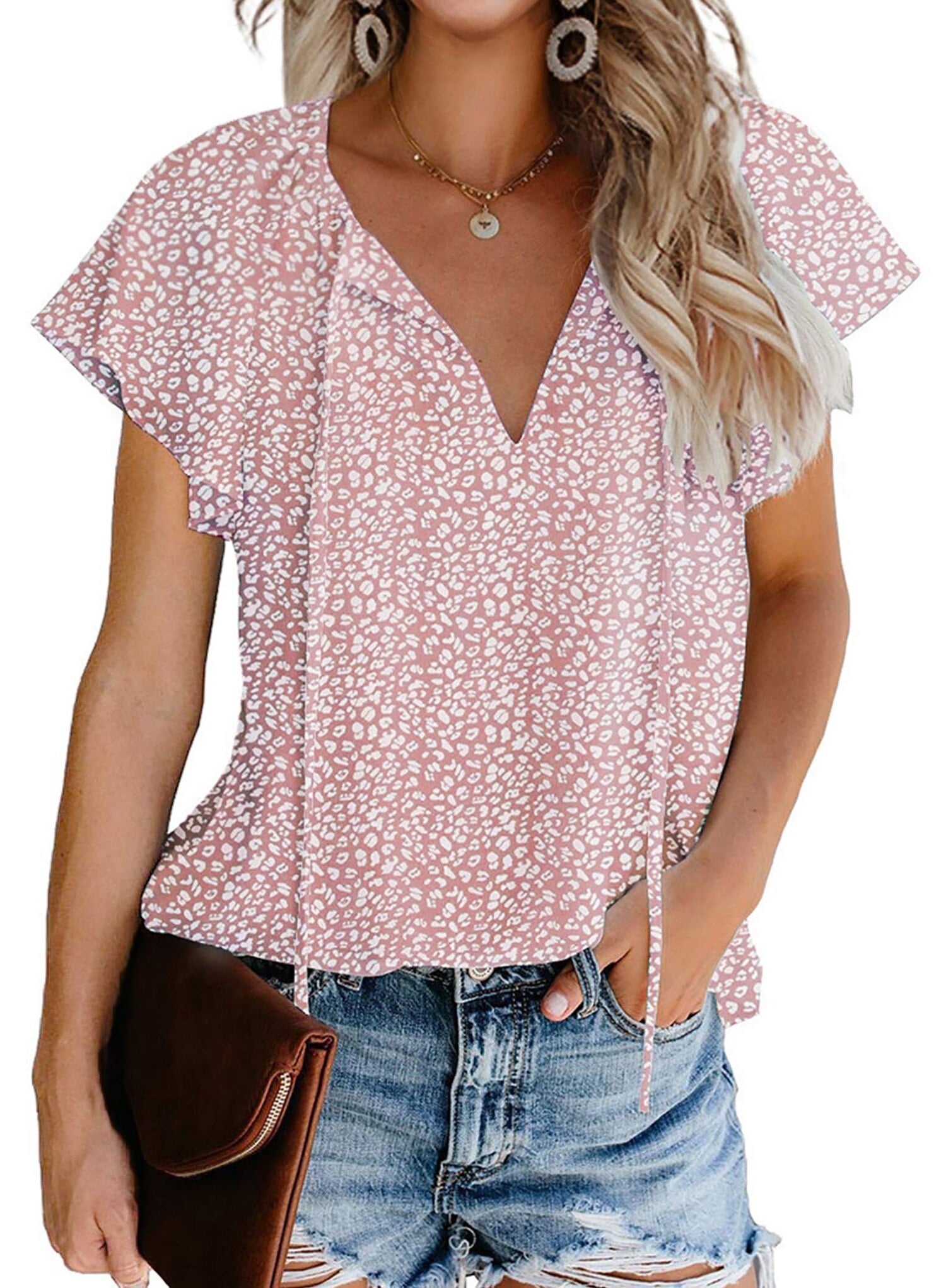 Fantaslook Blouses for Women, Floral Print, V Neck, Ruffle Short Sleeve ...