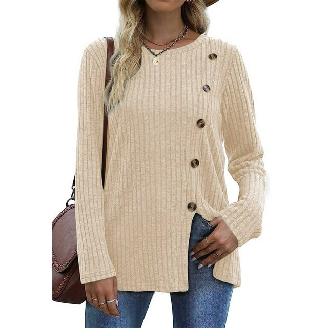 Fantaslook Blouses for Women Long Sleeve Crew Neck Tunic Tops Buttons ...