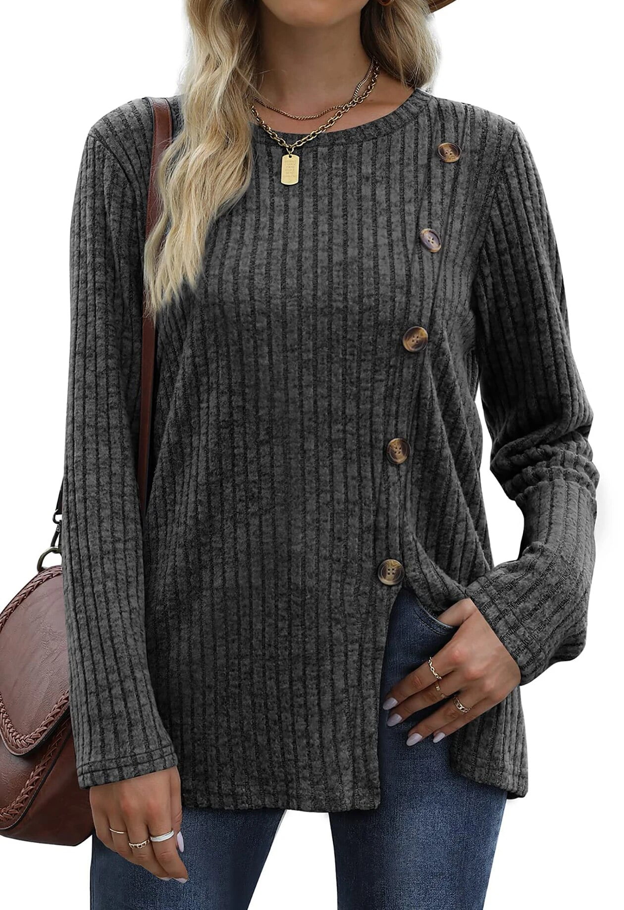 Fantaslook Blouses for Women Long Sleeve Crew Neck Tunic Tops Buttons ...