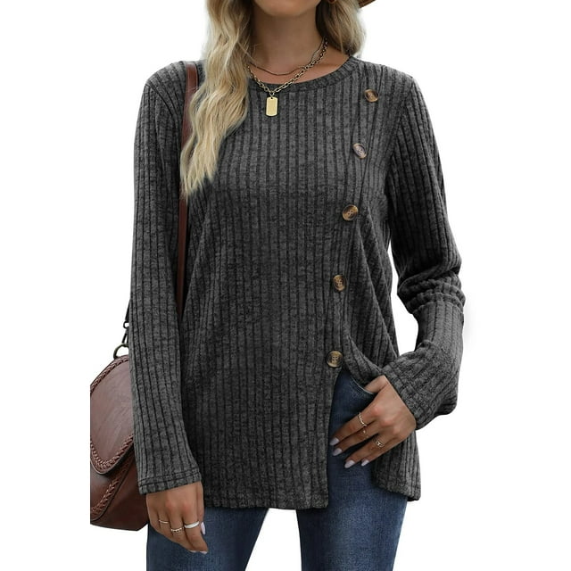 Fantaslook Blouses for Women Long Sleeve Crew Neck Tunic Tops Buttons ...