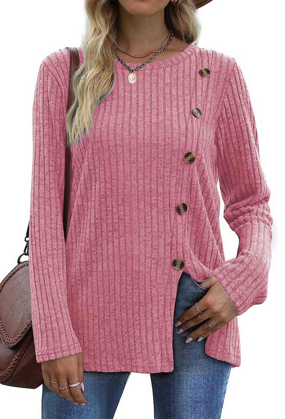 Fantaslook Blouses for Women Long Sleeve Crew Neck Tunic Tops Buttons ...