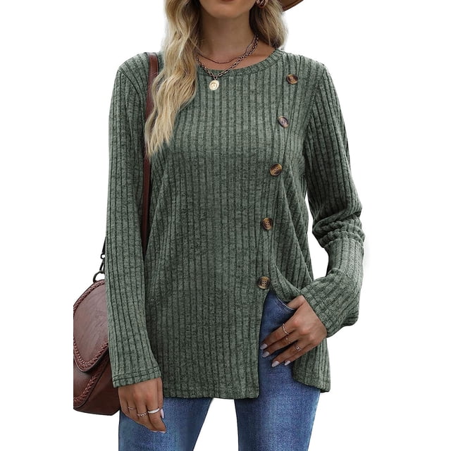 Fantaslook Women's Long Sleeve Crew Neck Tunic Tops with Side Buttons ...