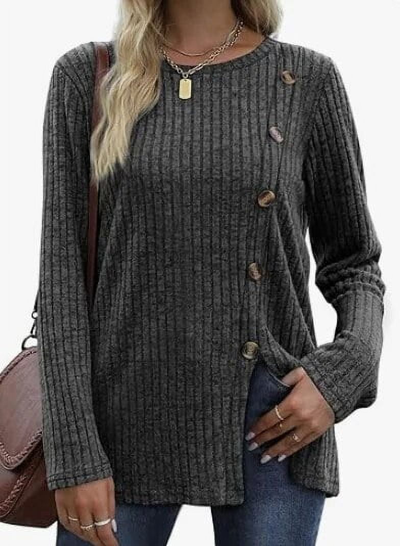 Fantaslook Blouses for Women Long Sleeve Crew Neck Tunic Tops Buttons ...
