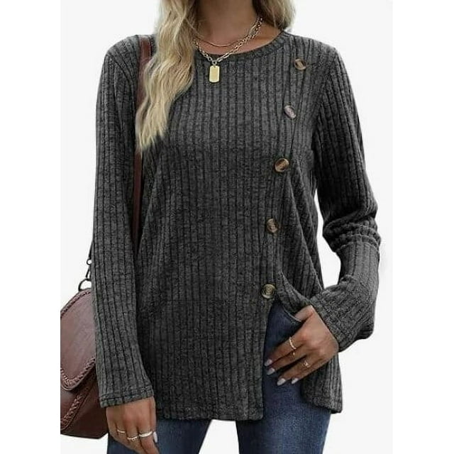 Fantaslook Blouses for Women Long Sleeve Crew Neck Tunic Tops Buttons Side Fall Shirts - Walmart.com