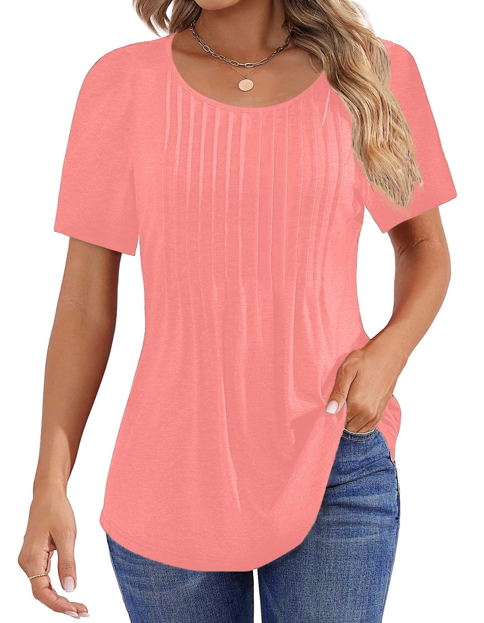 Fantaslook Blouses for Women, Pleated Crew Neck, Short Sleeve Summer ...