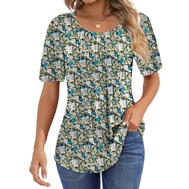 Fantaslook Women's Pleated Crew Neck Blouses, Short Sleeve Tunic Tops ...