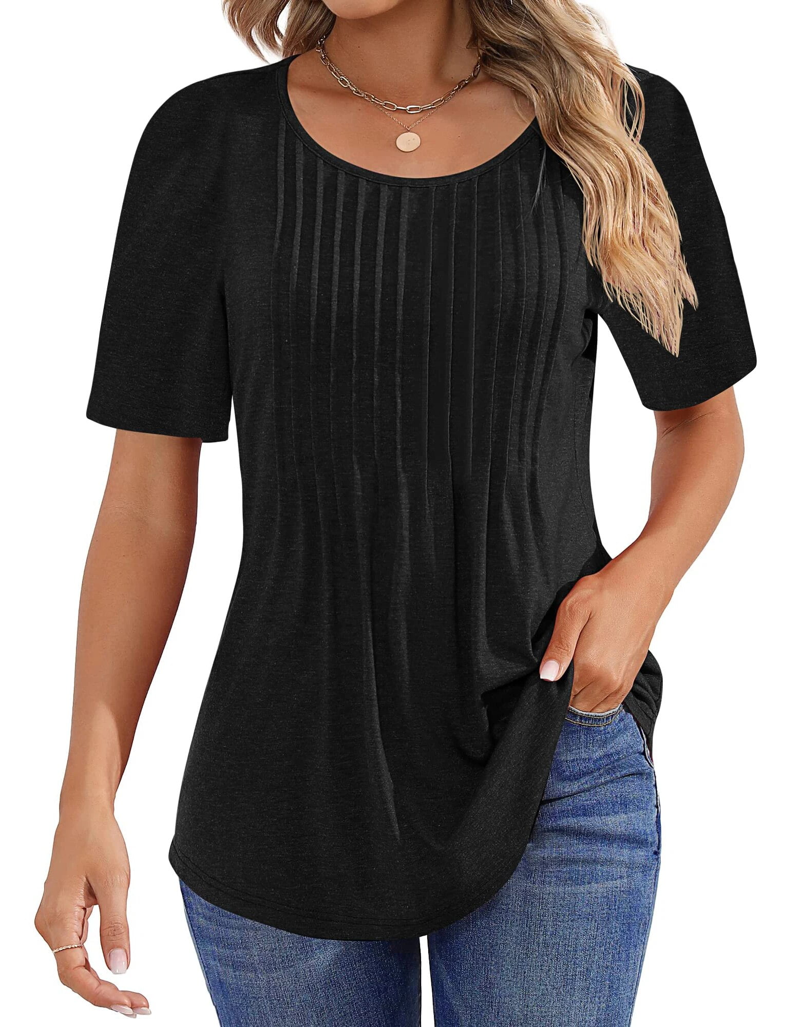 Fantaslook Womens Floral Pleated Short Sleeve Tunic Tops, Dressy Casual ...