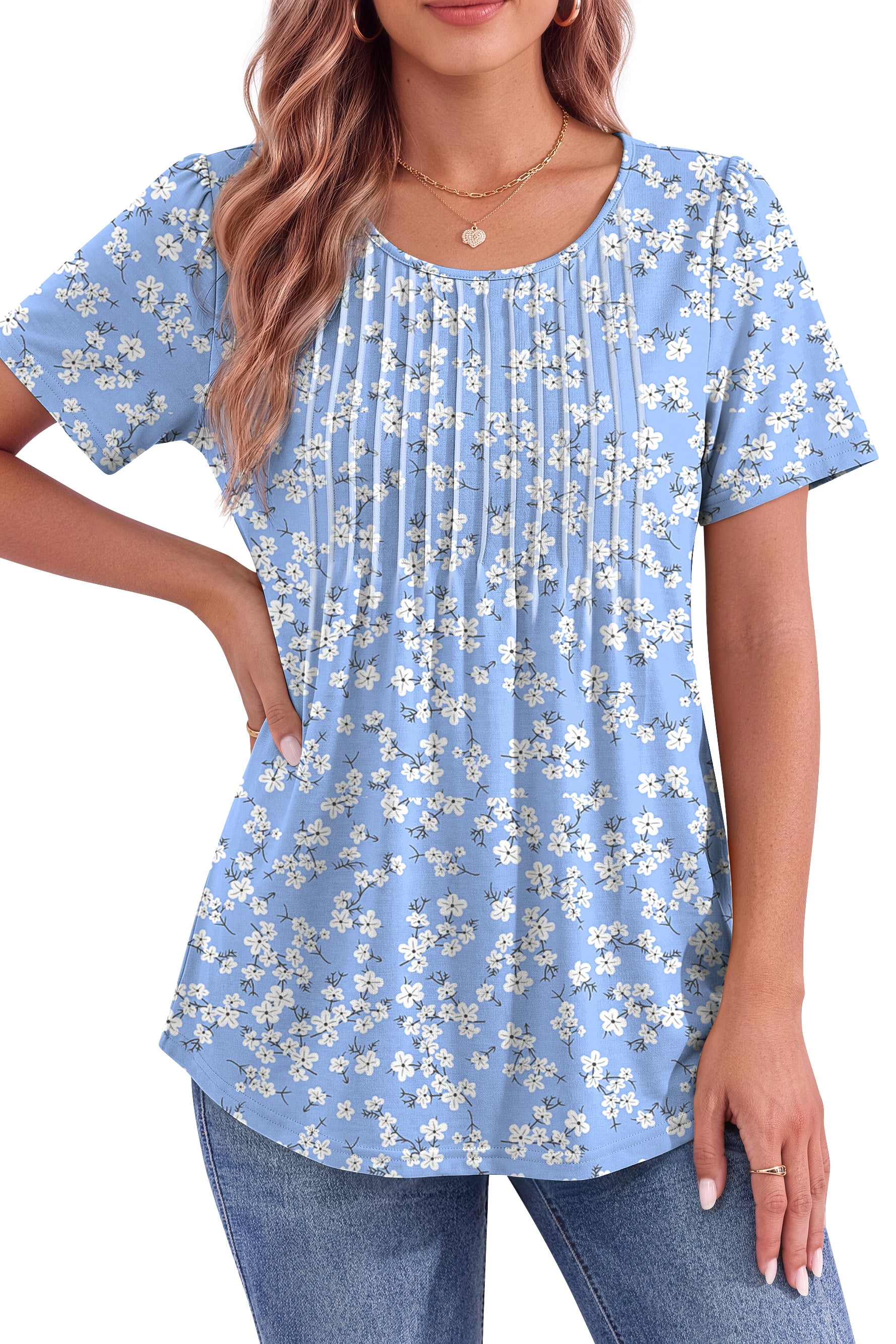 Fantaslook Women's Pleated Short Sleeve Tunic Tops, Floral Blouses ...