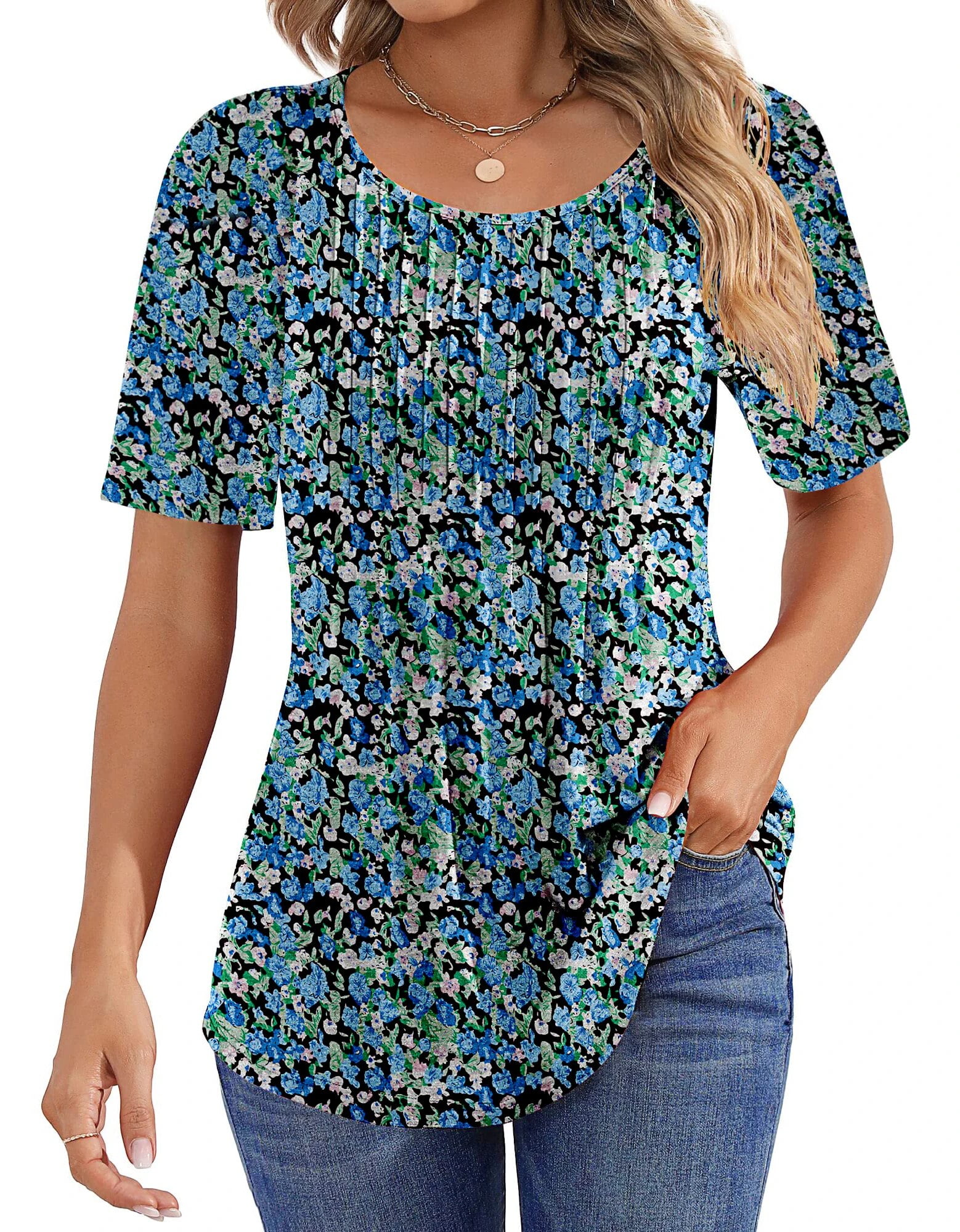 Fantaslook Women's Pleated Short Sleeve Blouses Floral Summer Tunic Top ...