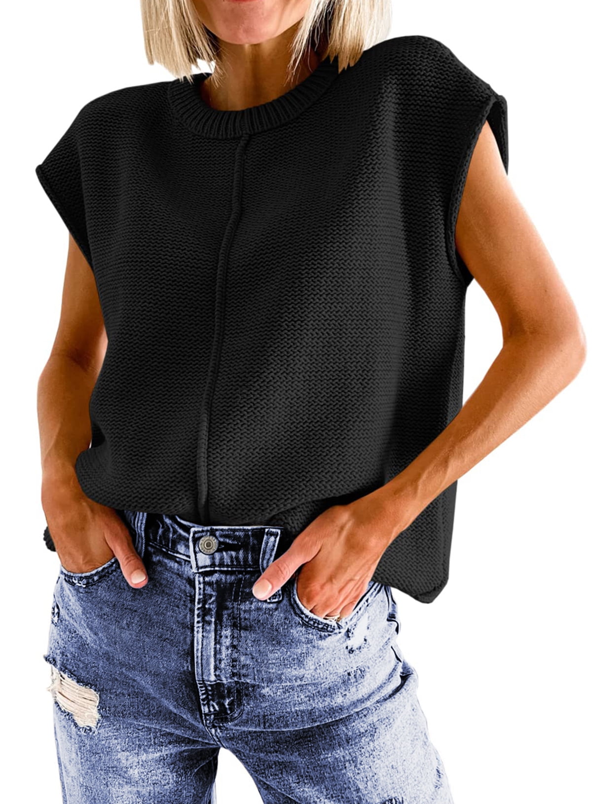 Fantaslook Cap Sleeve Sweaters for Women Casual Crew Neck Loose Knit ...