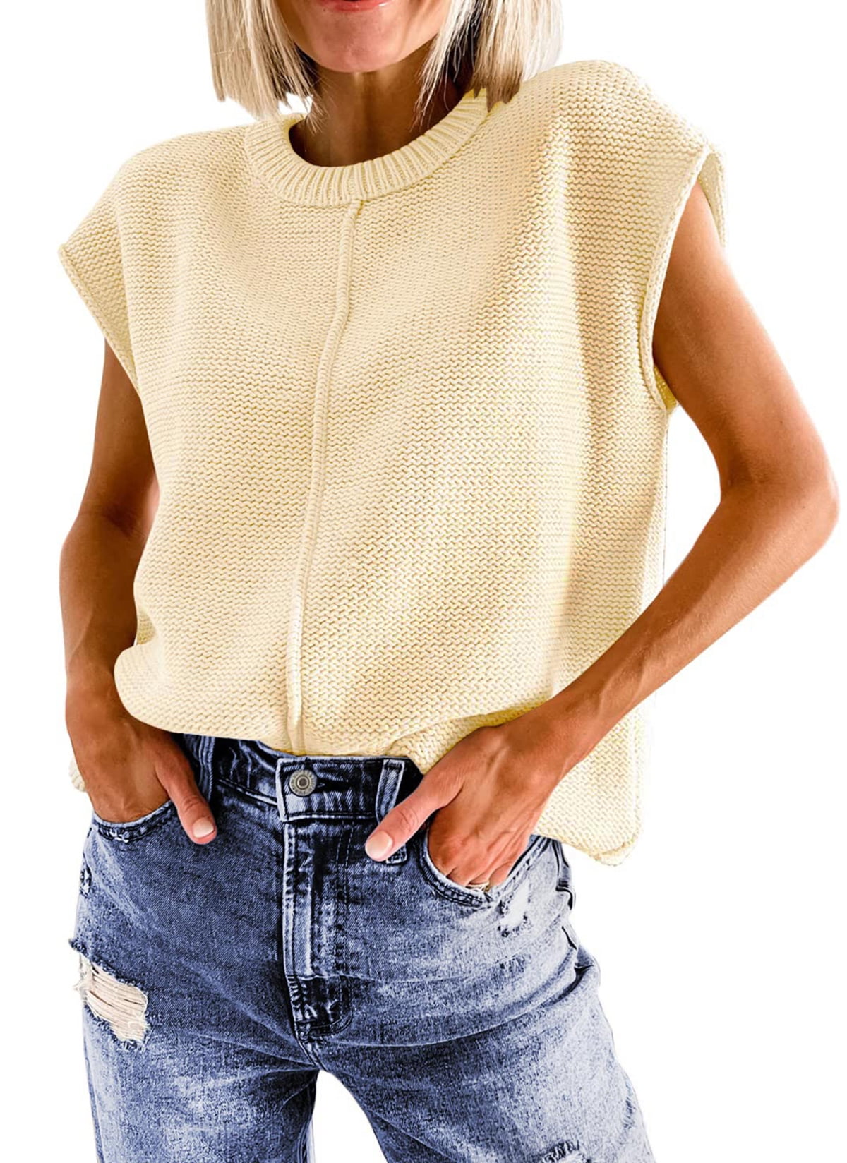 Fantaslook Cap Sleeve Sweaters for Women Casual Crew Neck Loose Knit ...