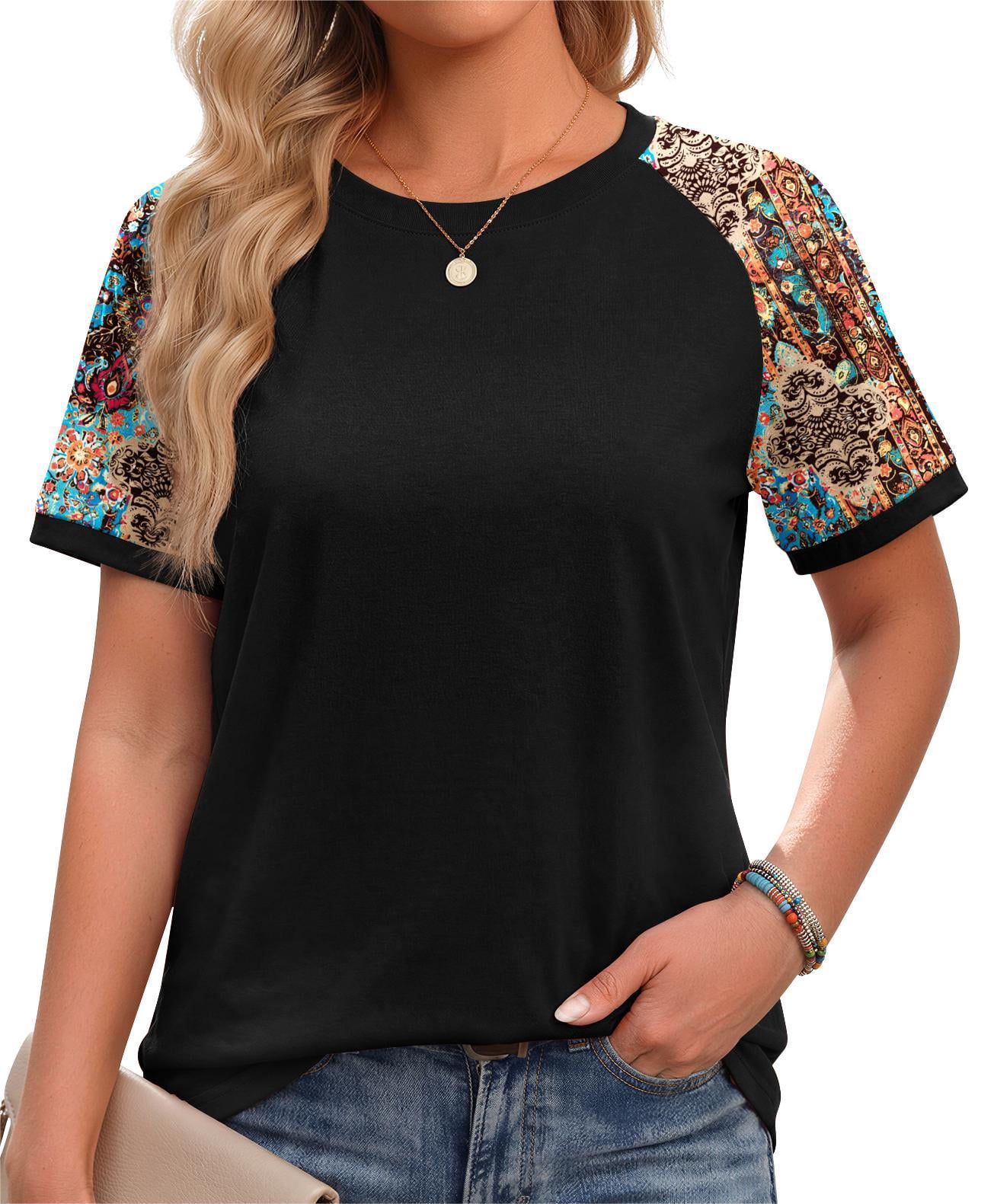 Fantaslook Color Block T Shirts for Women Crewneck Short Sleeve Tops ...