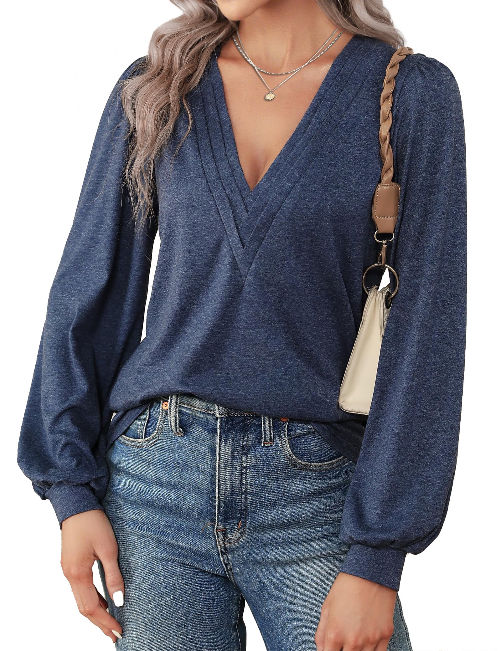 Fantaslook Deep V Neck Womens Tops Fall Long Puff Sleeve Shirts Dressy ...