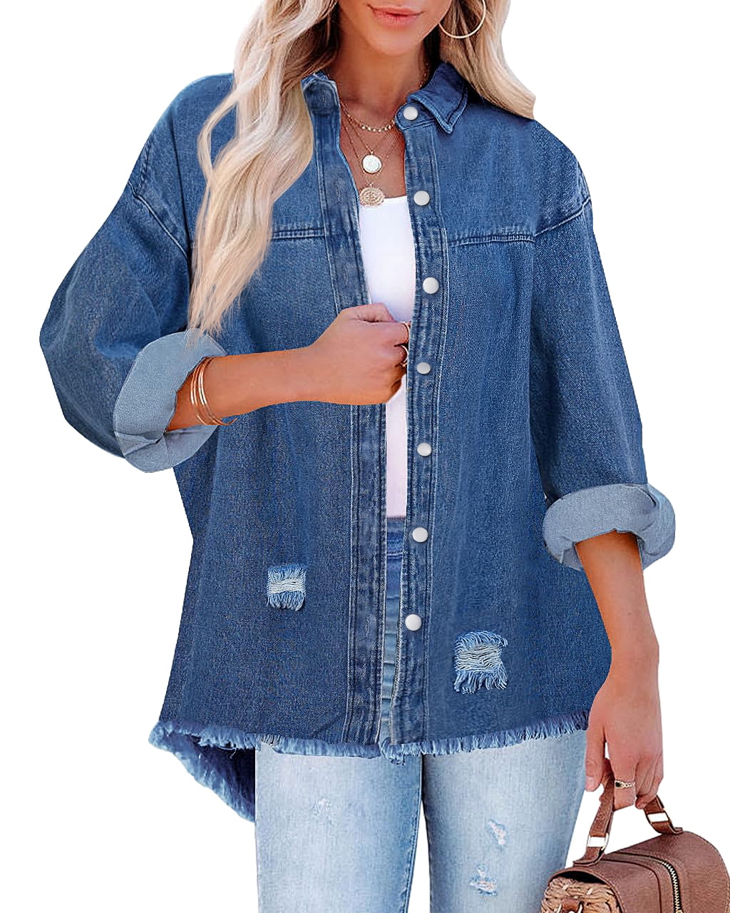 Fantaslook Denim Jackets for Women Trendy Frayed Hem Shackets Casual Button Up Jean Jacket Coats ...