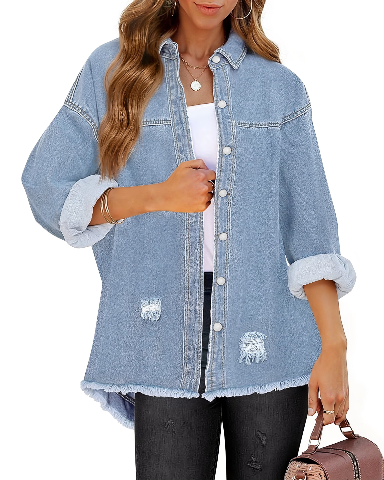 Fantaslook Denim Jackets for Women Trendy Frayed Hem Shackets Casual ...