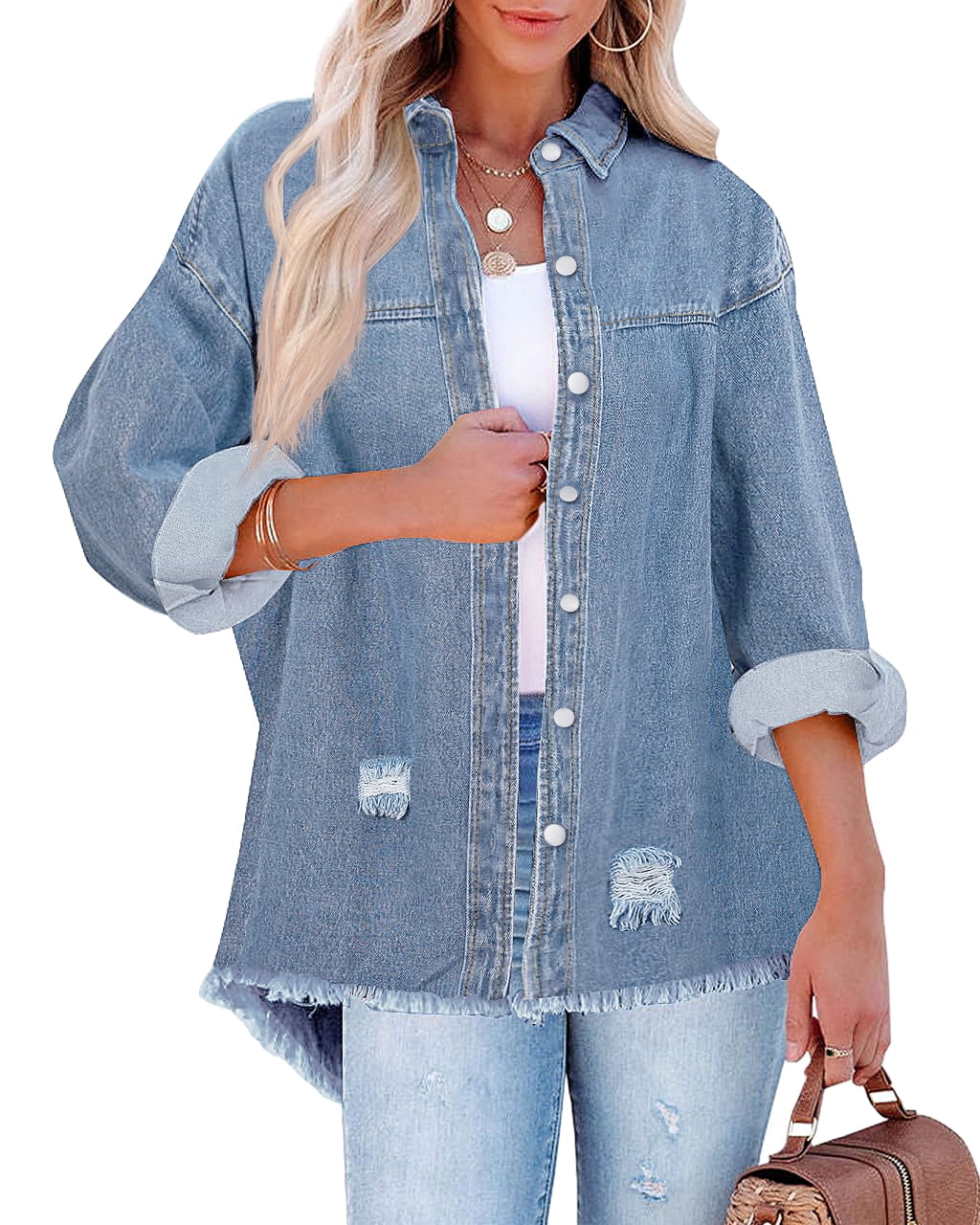 Fantaslook Denim Jackets for Women Trendy Frayed Hem Shackets Casual ...