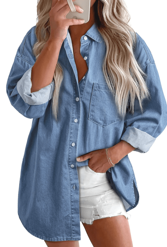 Fantaslook Denim Shirts For Women Button Down Blouses Long Sleeve