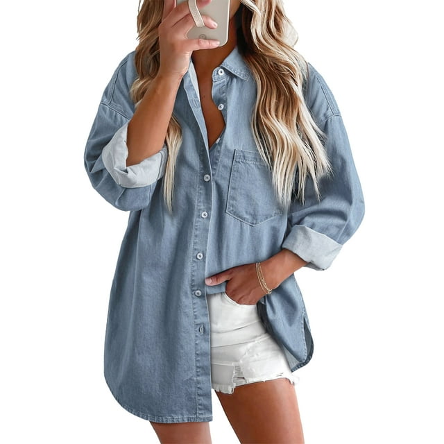 Fantaslook Denim Shirts for Women Button Down Blouses Long Sleeve Casual Tops Fall Outfits ...