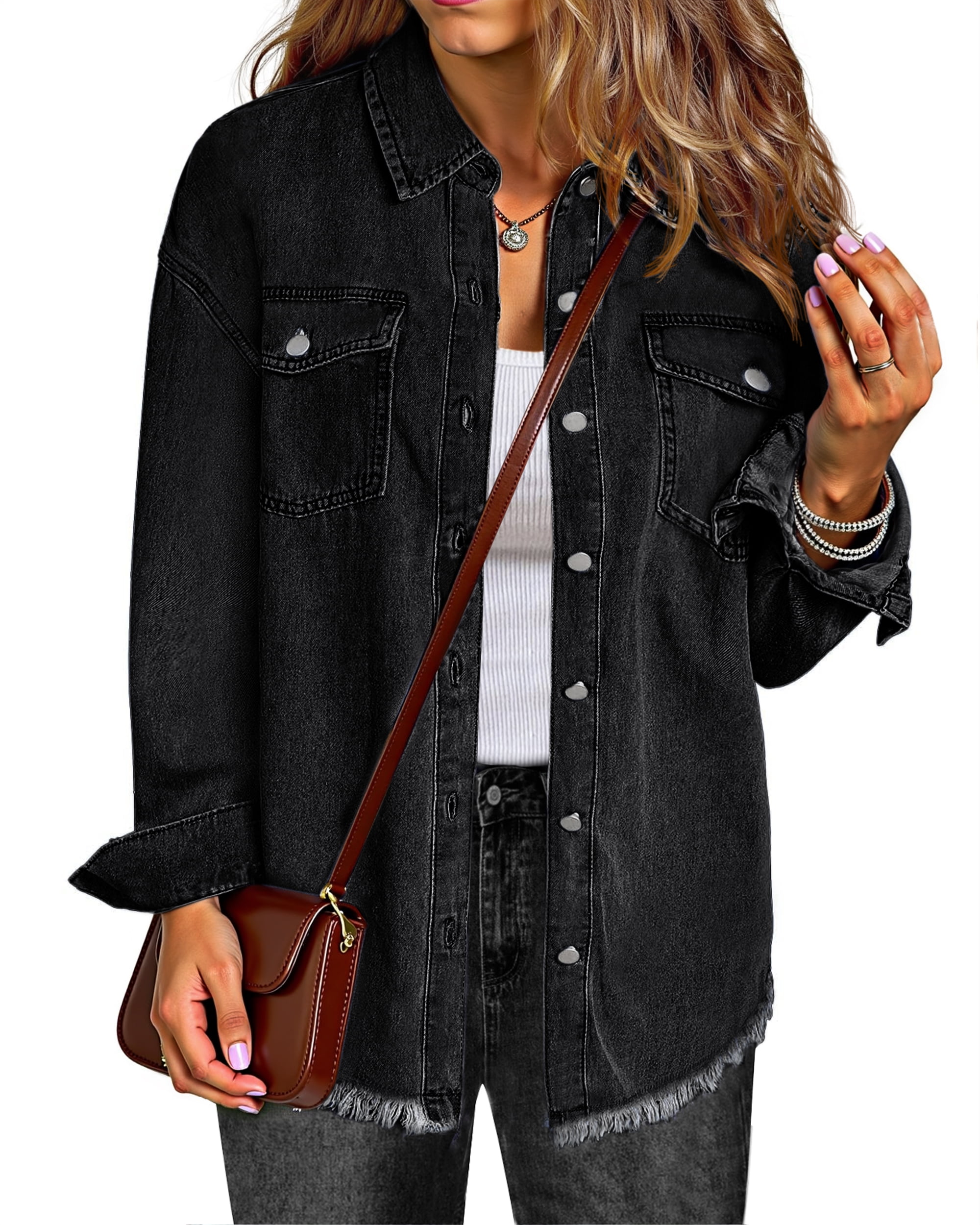 Fantaslook Denim jackets for Women Oversized Button Up Frayed Hem ...