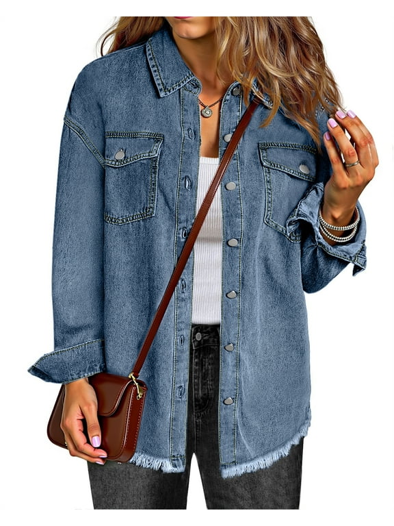 Eytino Women's Oversized Denim Jacket Casual Long Boyfriend Jean Jacket for Autumn Spring Green ...