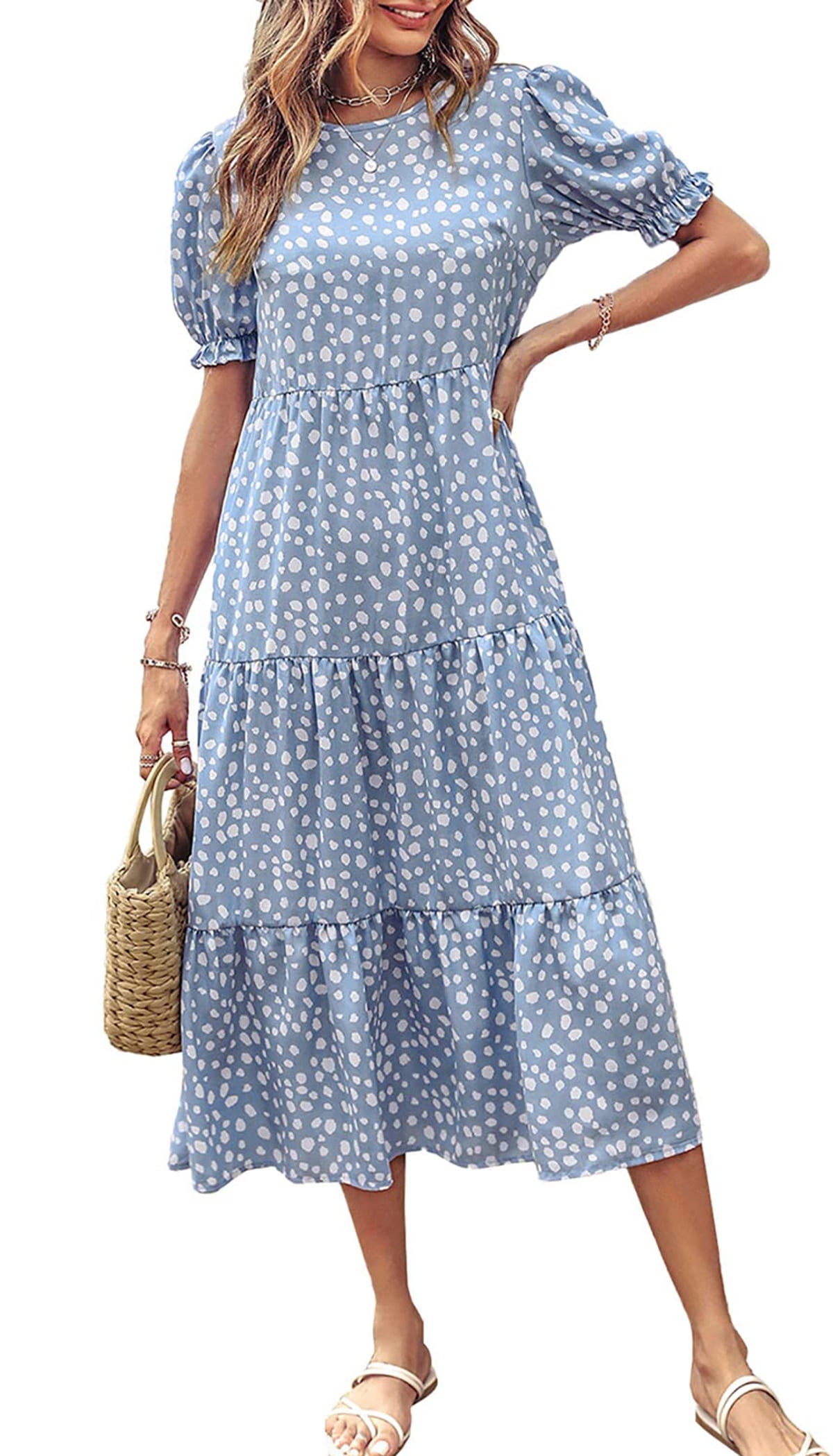 Fantaslook Women's Summer Boho Midi Dress with Floral Print and Puff ...