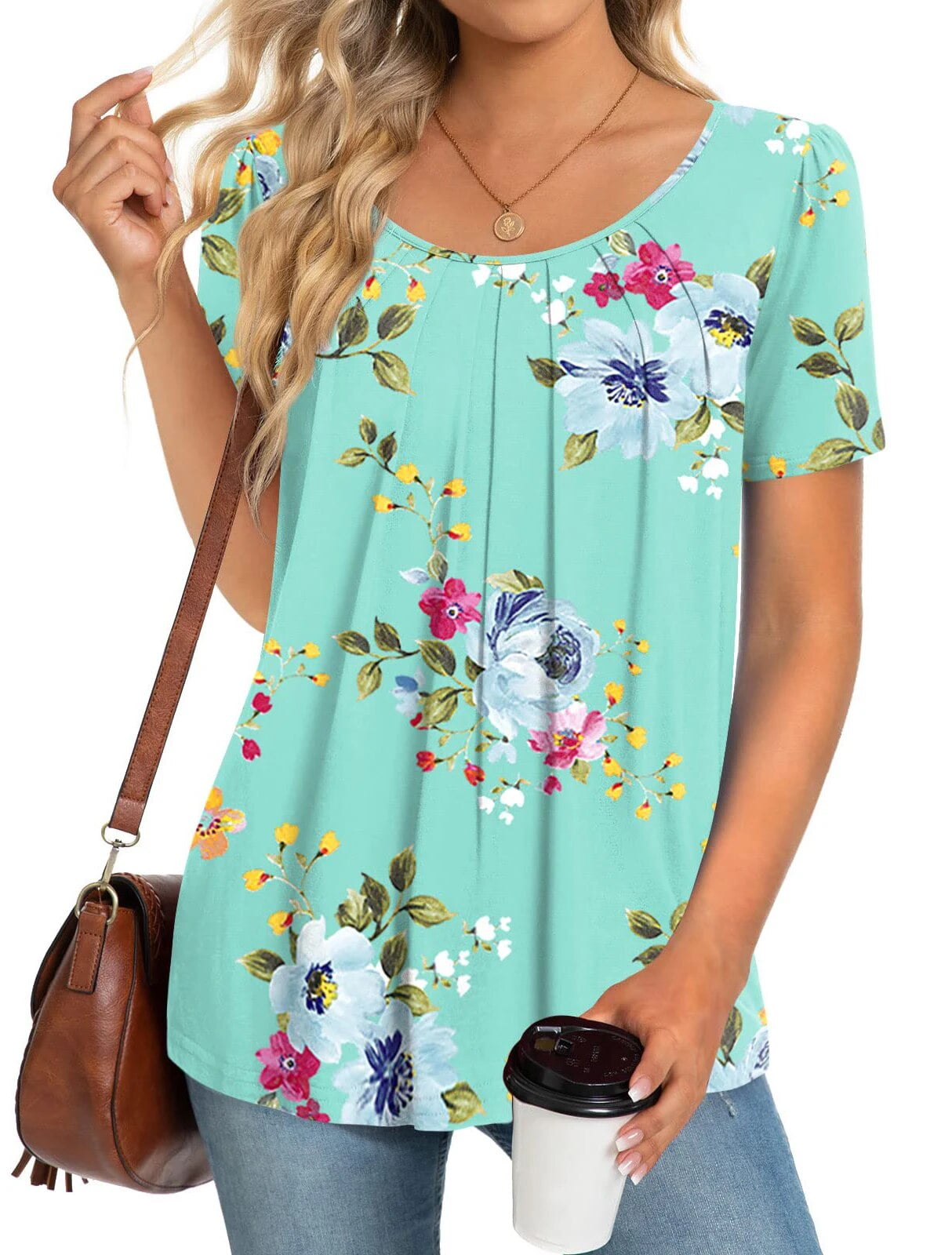 Fantaslook Dressy Blouses for Women Pleated Floral Short Sleeve Tunic ...