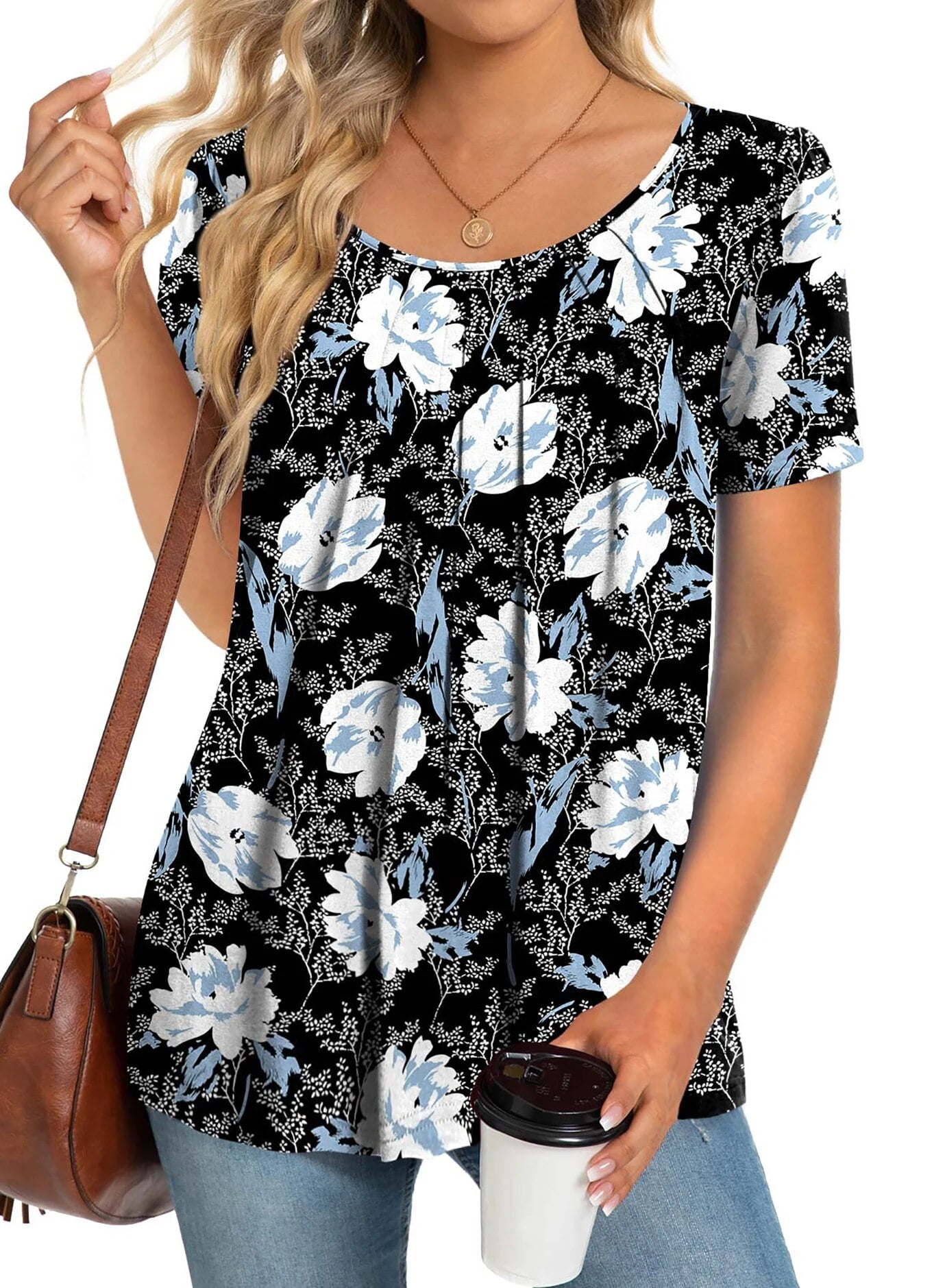 Fantaslook Dressy Blouses for Women Pleated Floral Short Sleeve Tunic ...
