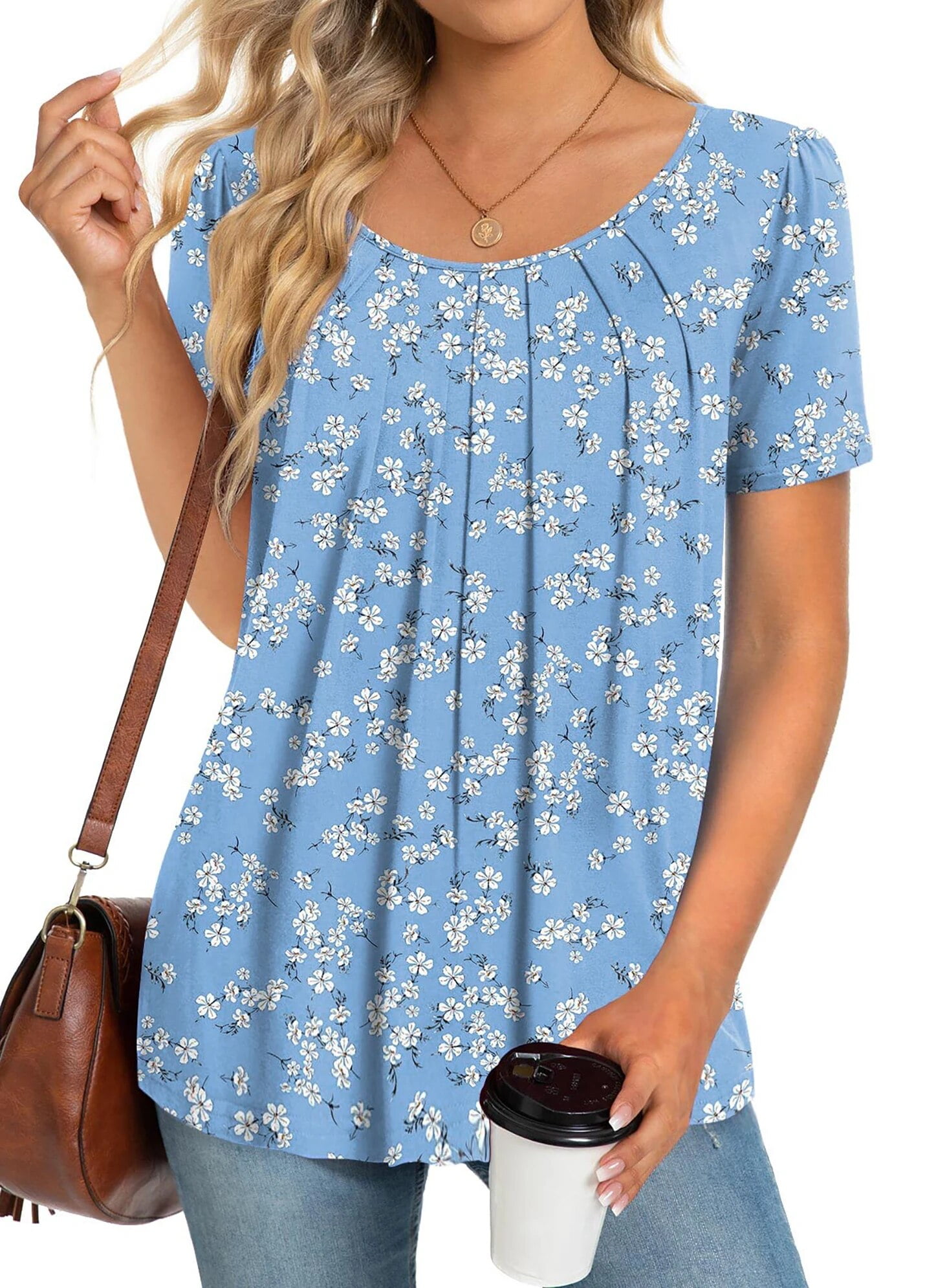 Fantaslook Dressy Blouses for Women Pleated Short Sleeve Floral Tunic ...