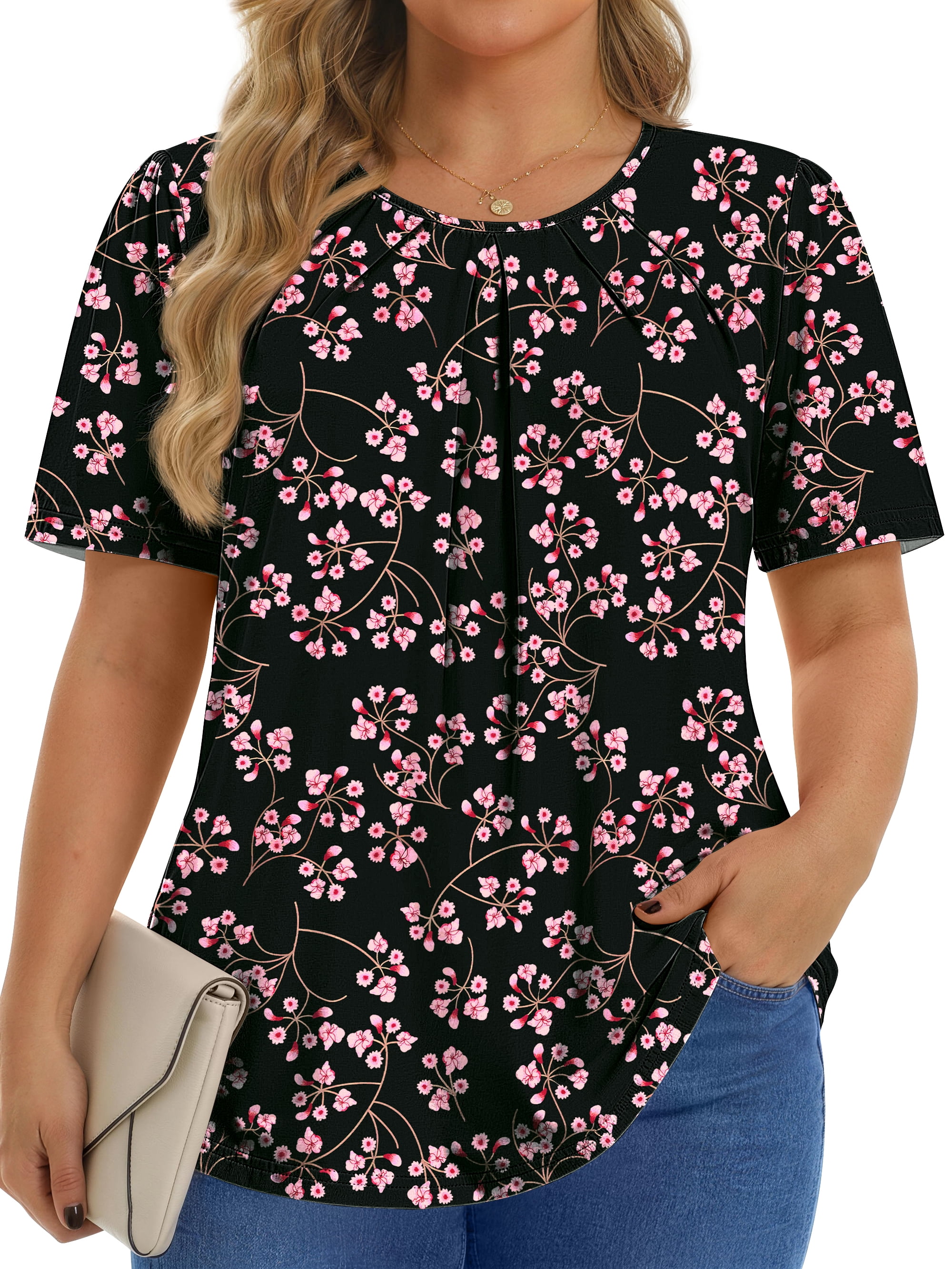 Fantaslook Women's Pleated Short Sleeve Tunic Tops, Dressy Floral ...