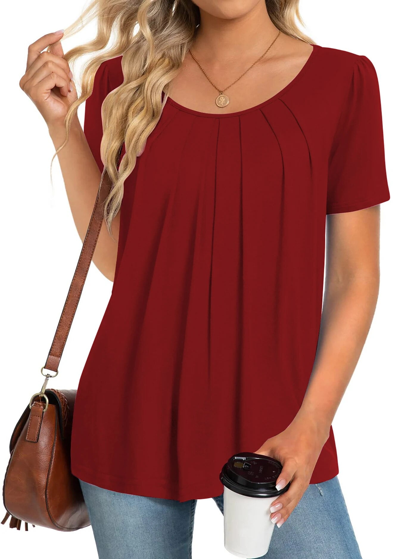 Fantaslook Dressy Blouses for Women, Pleated Short Sleeve Floral Tunic ...