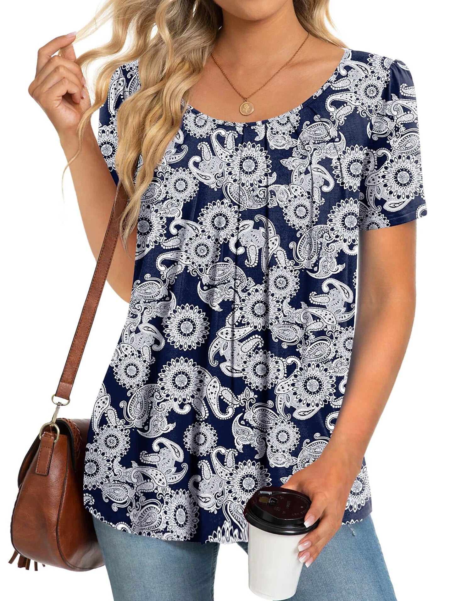 Fantaslook Women's Dressy Blouses Pleated Floral Tunic Tops with Short ...