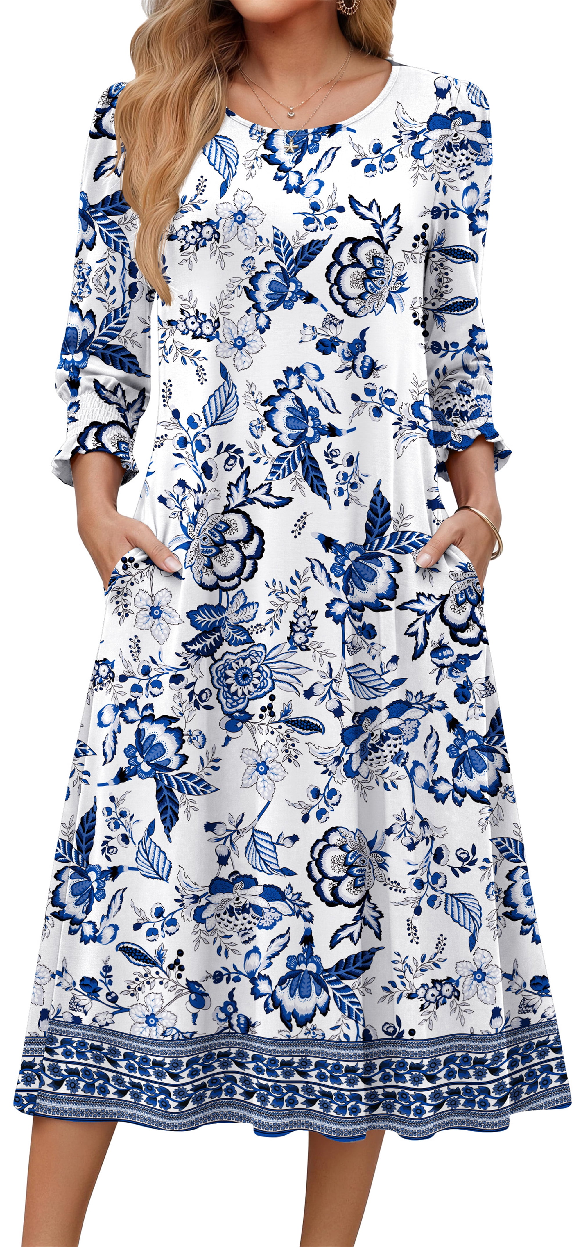 Fantaslook Fall Dresses for Women Smocked 3/4 Sleeve Dress Floral Midi ...