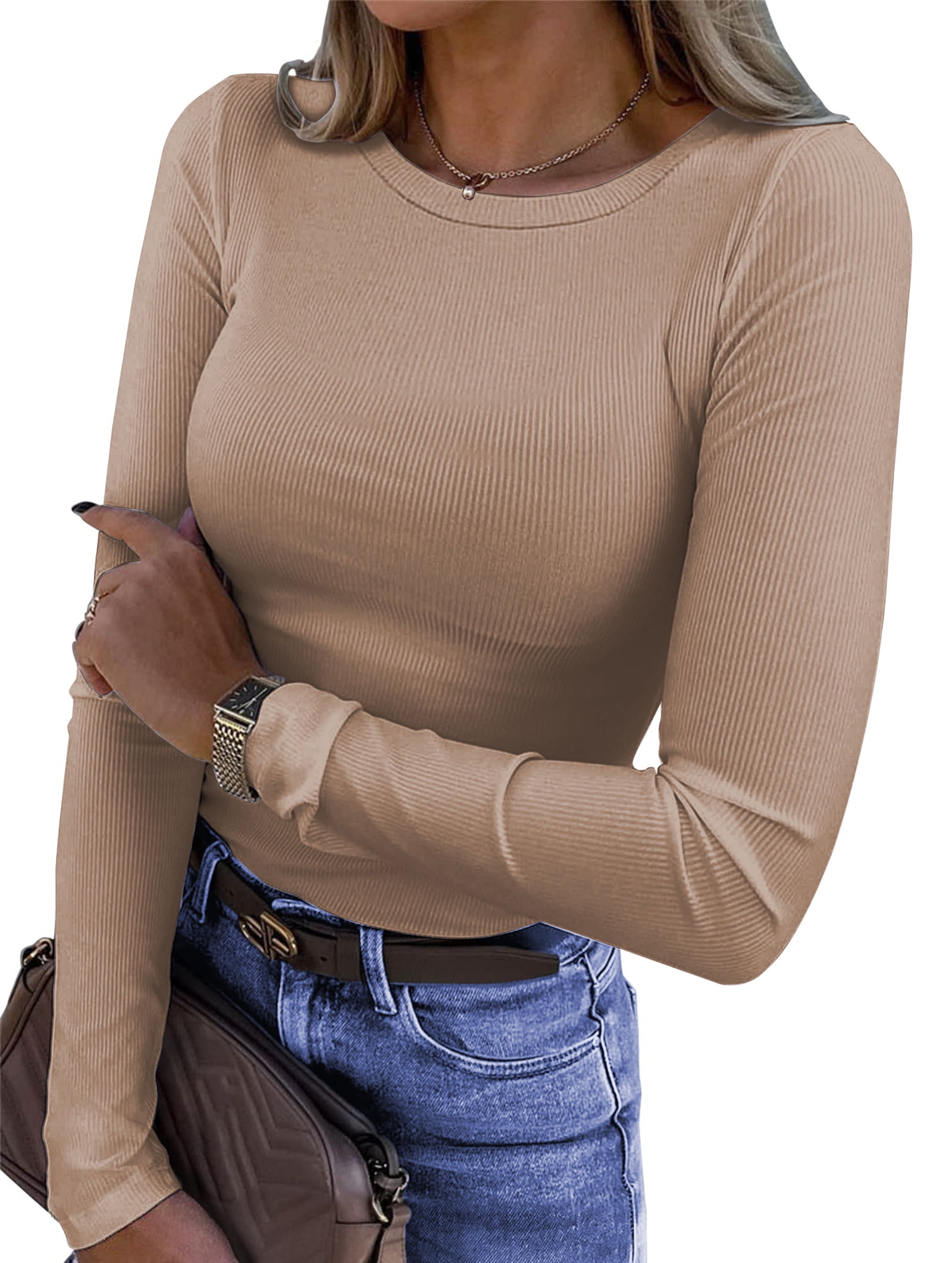 Fantaslook Fitted Long Sleeve Shirts for Women Stretch Casual Basic ...