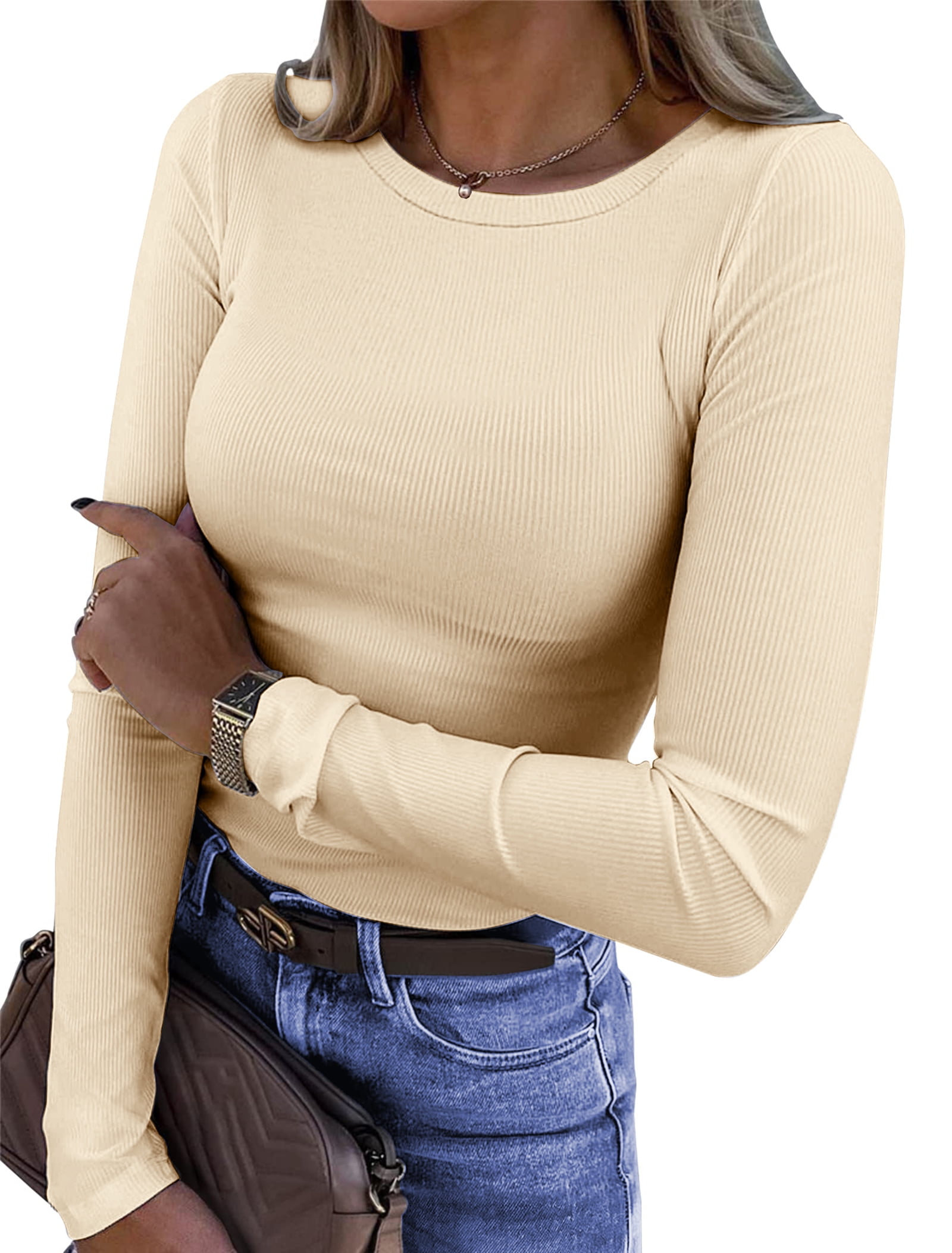 Fantaslook Fitted Long Sleeve Shirts for Women Stretch Casual Basic ...