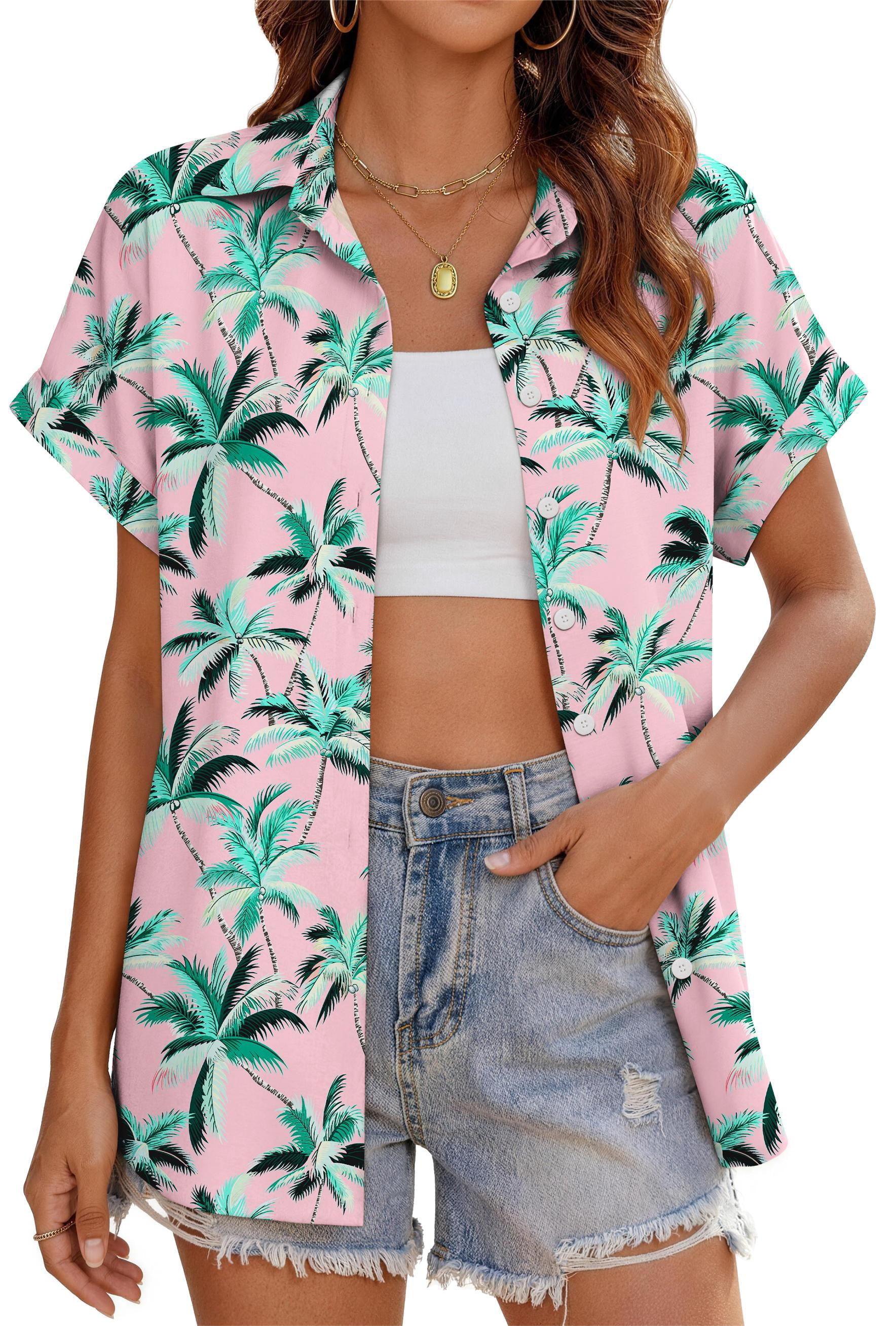 Fantaslook Hawaiian Button Down Shirts for Women, Casual Short Sleeve ...