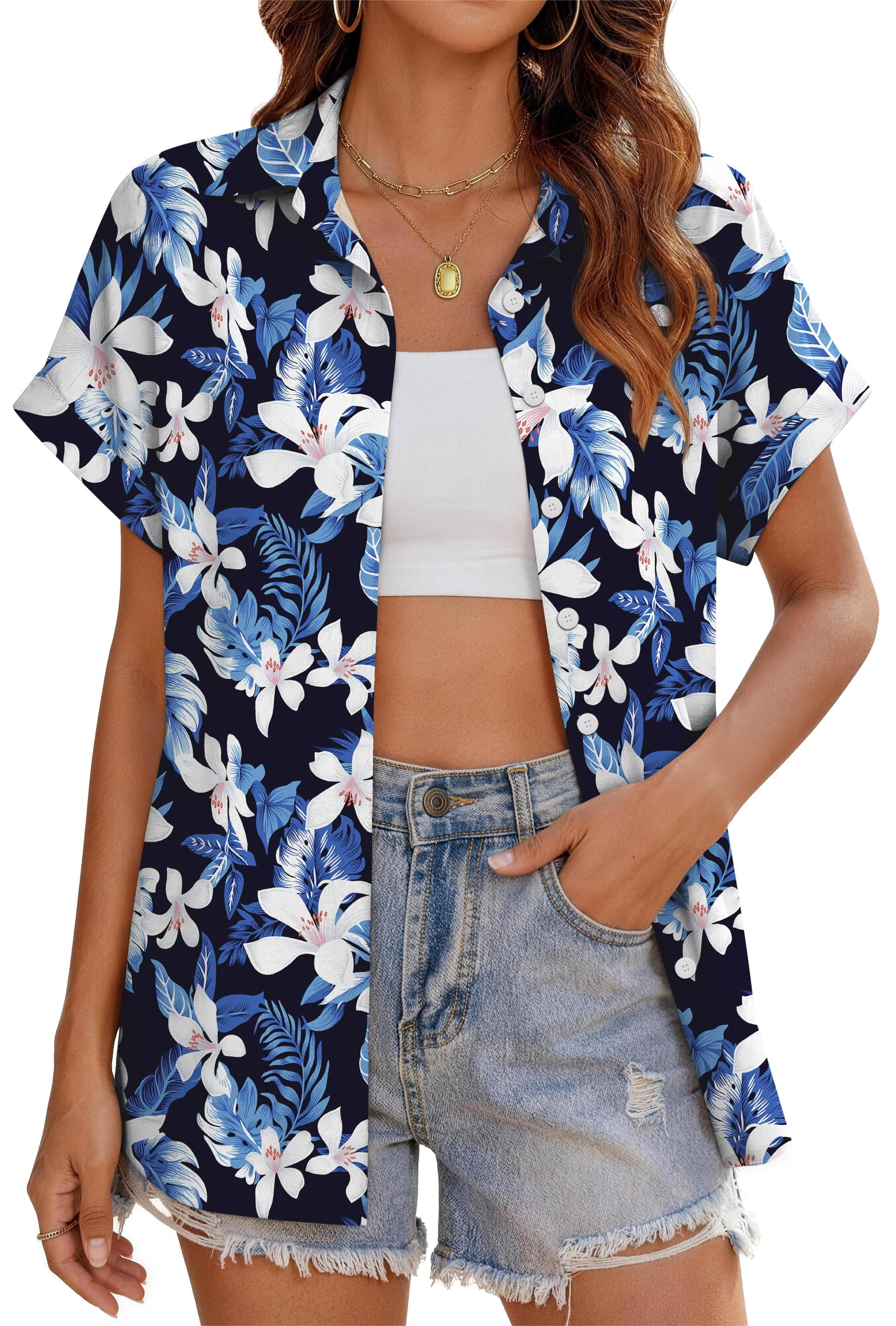 Fantaslook Women's Hawaiian Button Down Shirts Casual Short Sleeve ...