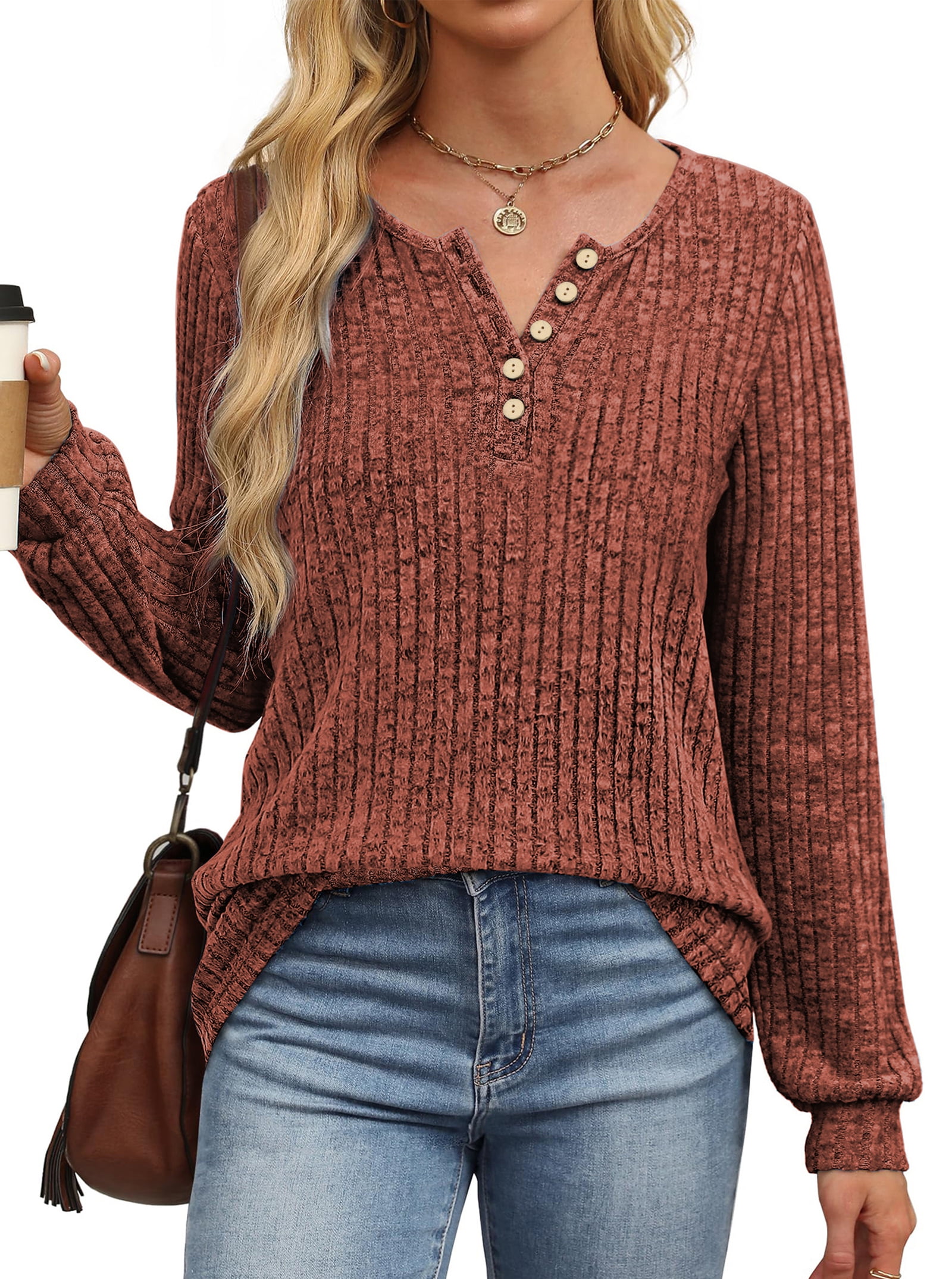 Fantaslook Henley Long Sleeve Shirts for Women Casual Tunic Tops Fall ...