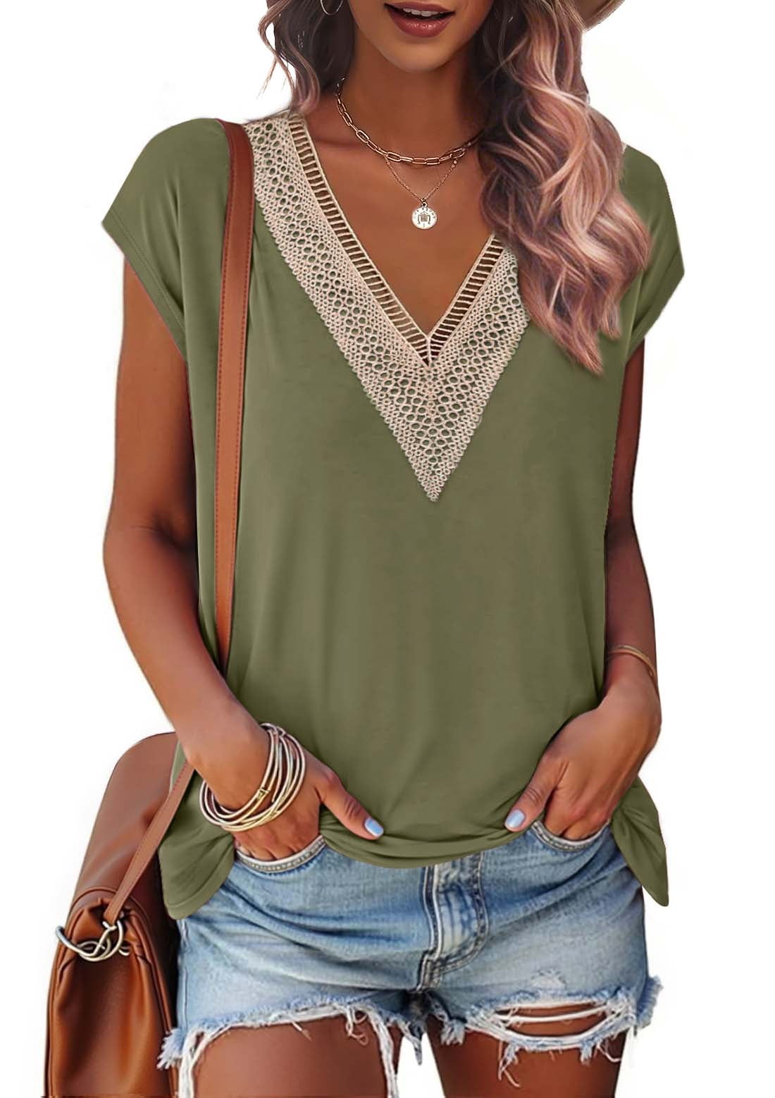 Fantaslook Low Cut Lace Women's Blouses, Cap Sleeve V Neck Summer ...