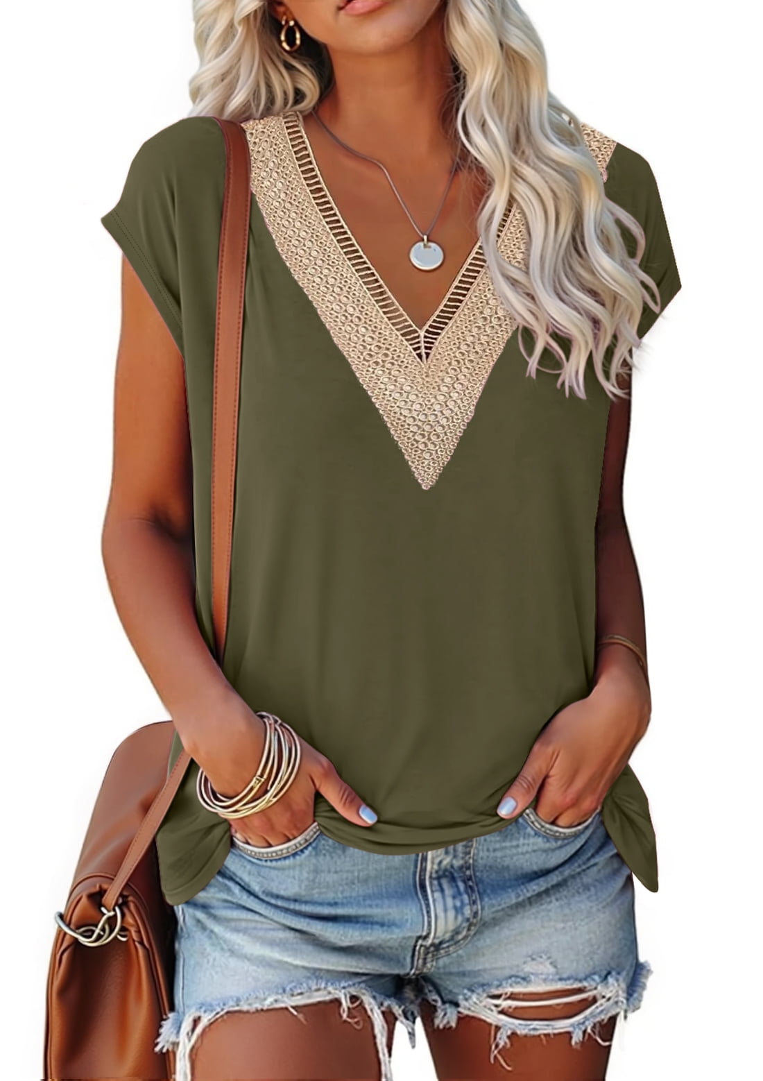 Fantaslook Women's Lace V-Neck Cap Sleeve Blouse for Summer, Casual ...