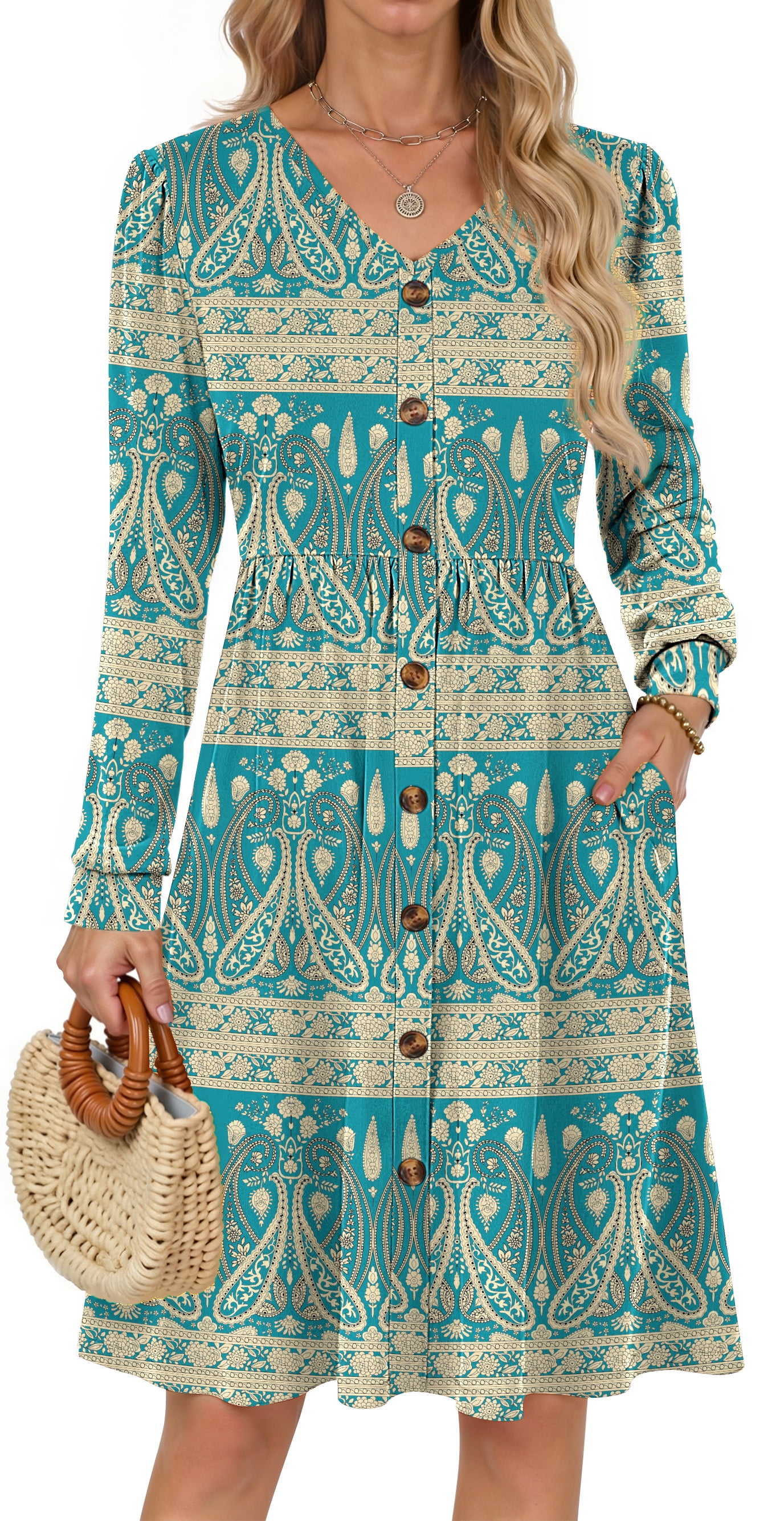 Fantaslook Long Sleeve Dresses for Women V Neck Casual Fall Dress ...