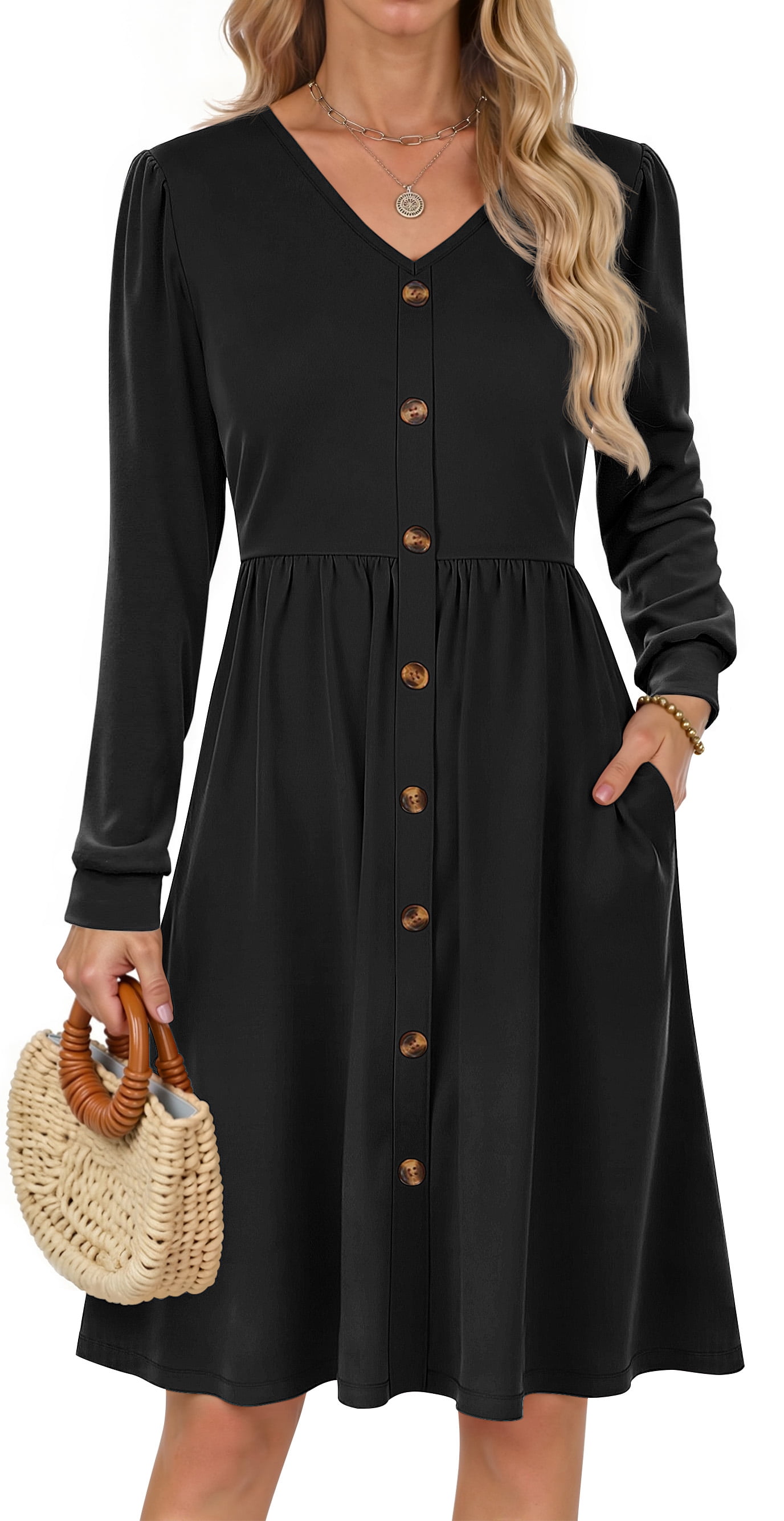 Fantaslook Long Sleeve Dresses for Women V Neck Casual Fall Dress ...