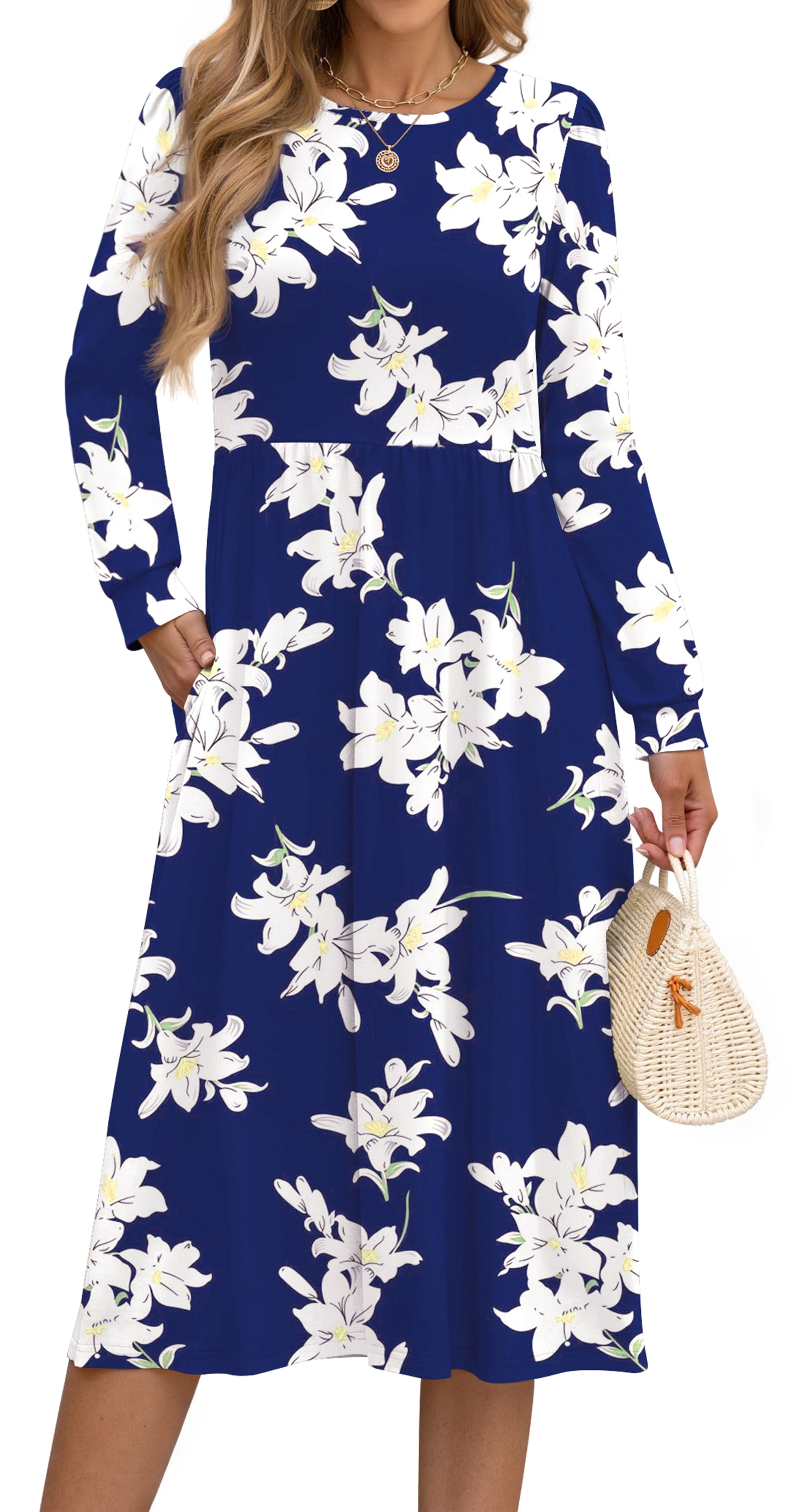 Fantaslook Long Sleeve Midi Dresses for Women Casual Floral Dress Flowy ...