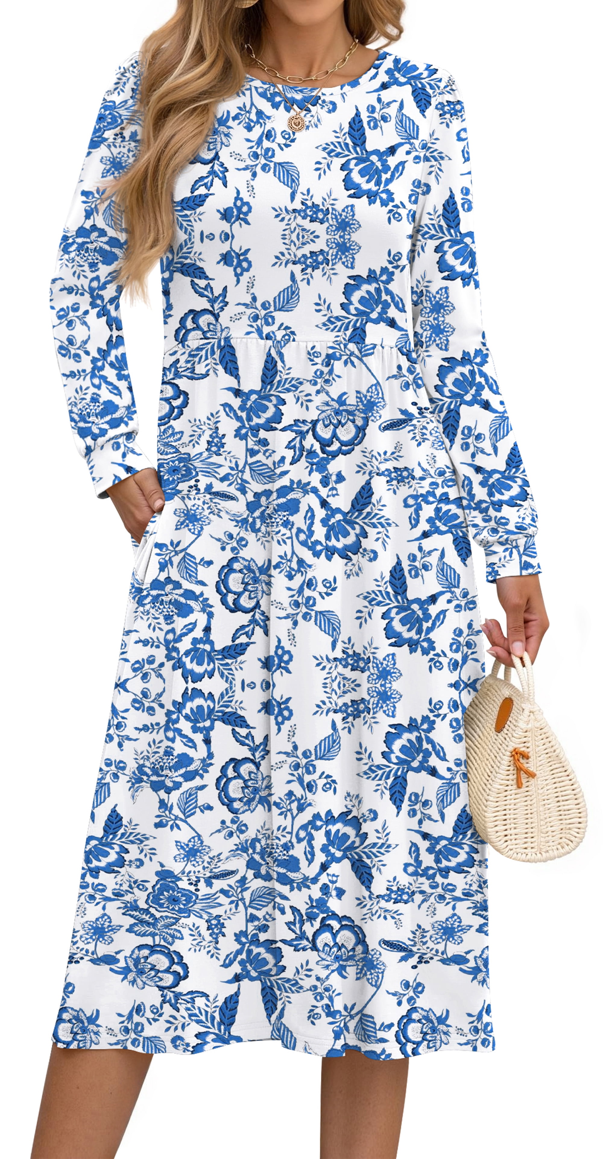 Fantaslook Long Sleeve Midi Dresses for Women Casual Floral Dress Flowy ...