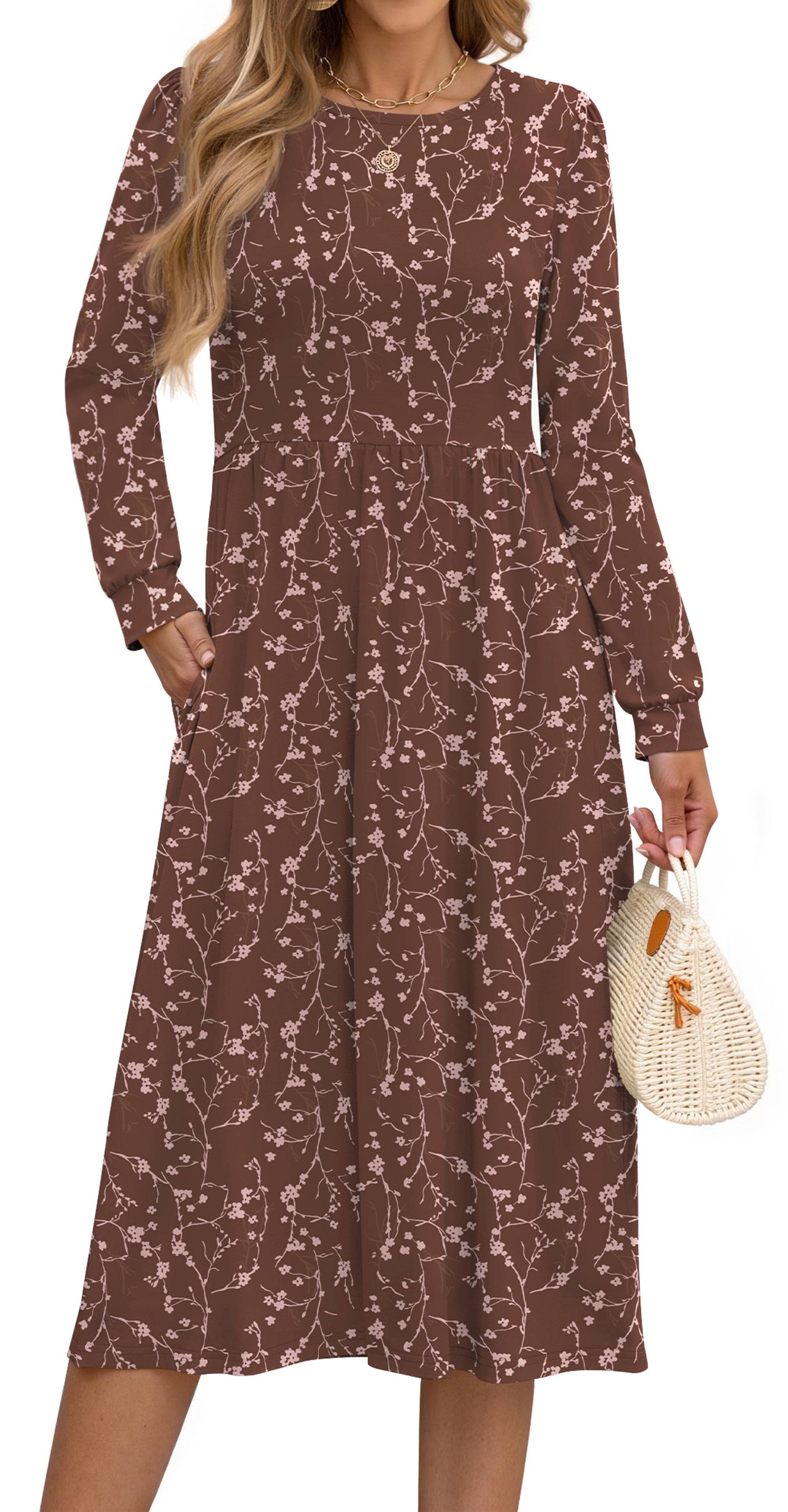 Fantaslook Long Sleeve Midi Dresses for Women Casual Floral Dress Flowy ...