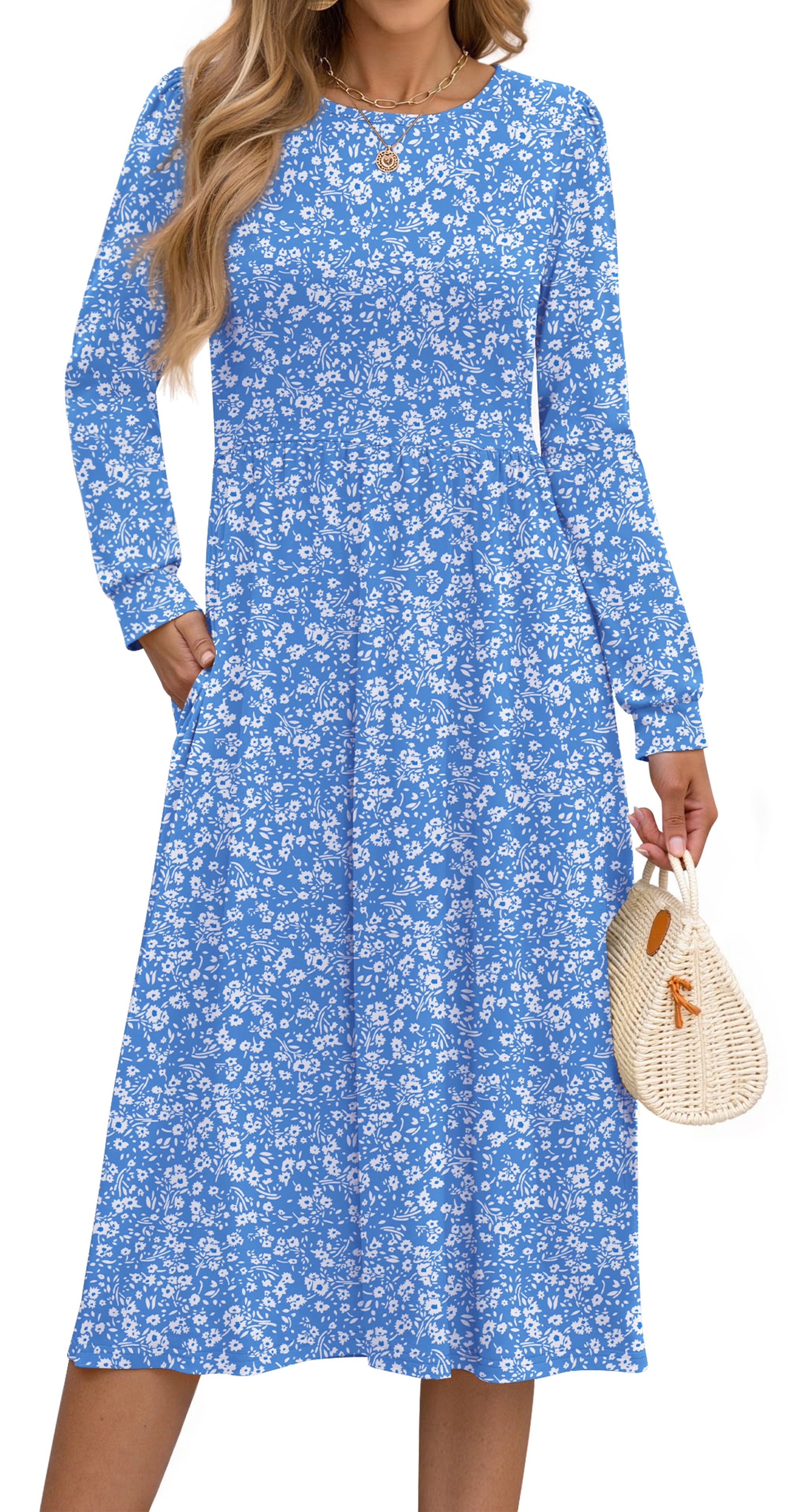 Fantaslook Long Sleeve Midi Dresses for Women Casual Floral Dress Flowy ...