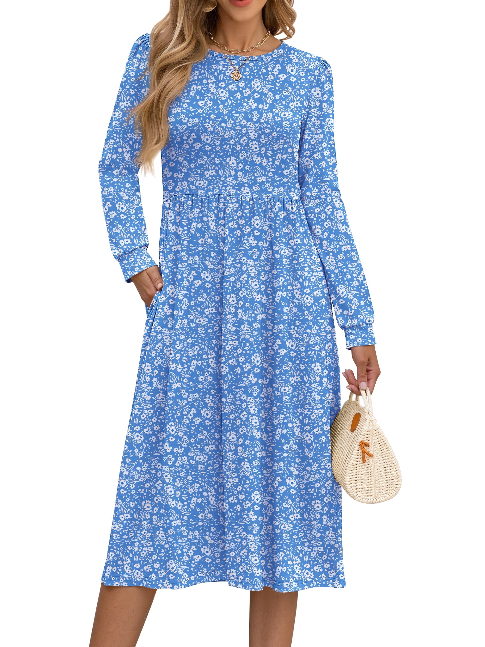 Fantaslook Long Sleeve Midi Dresses for Women Casual Floral Dress Flowy ...