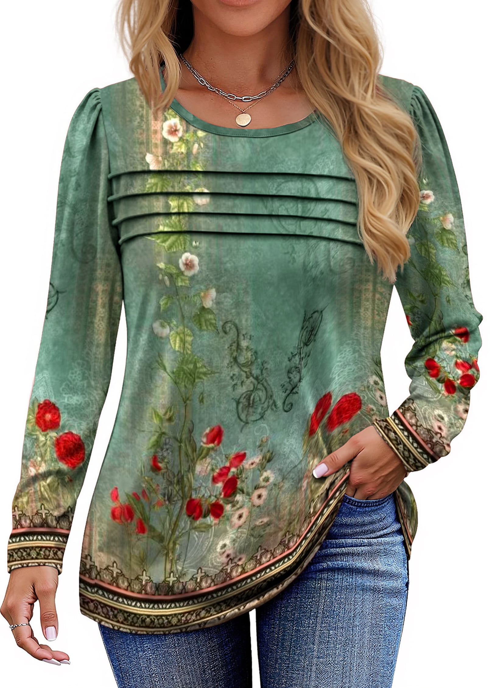 Fantaslook Long Sleeve Shirts for Women Fall Dressy Casual Blouses Fashion Pleated Tunic Tops ...